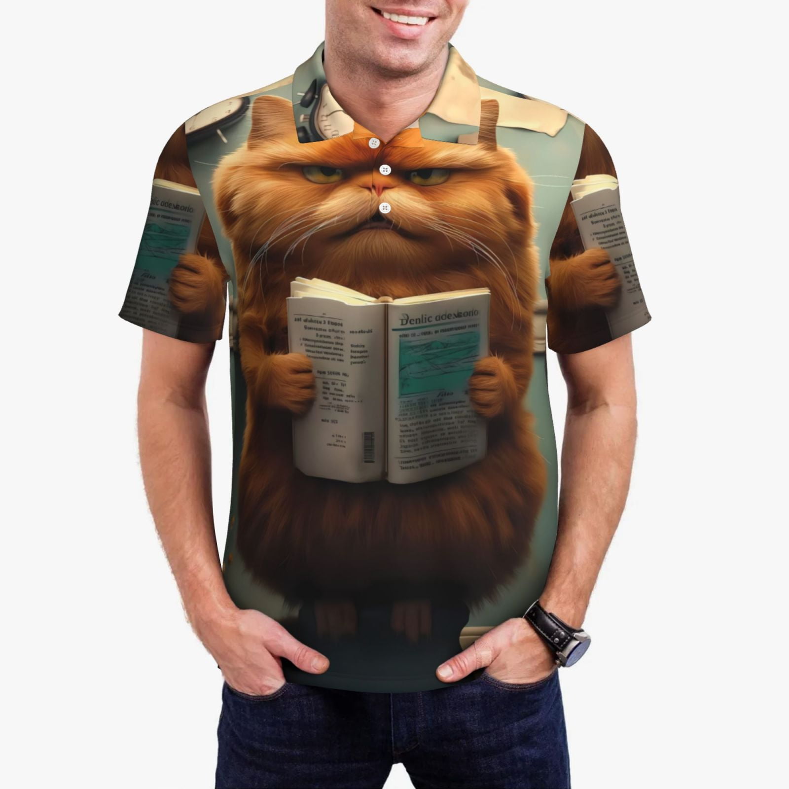Fotbe Grumpy Cat Reading Book Pattern Men’s Golf Polo Shirt ...