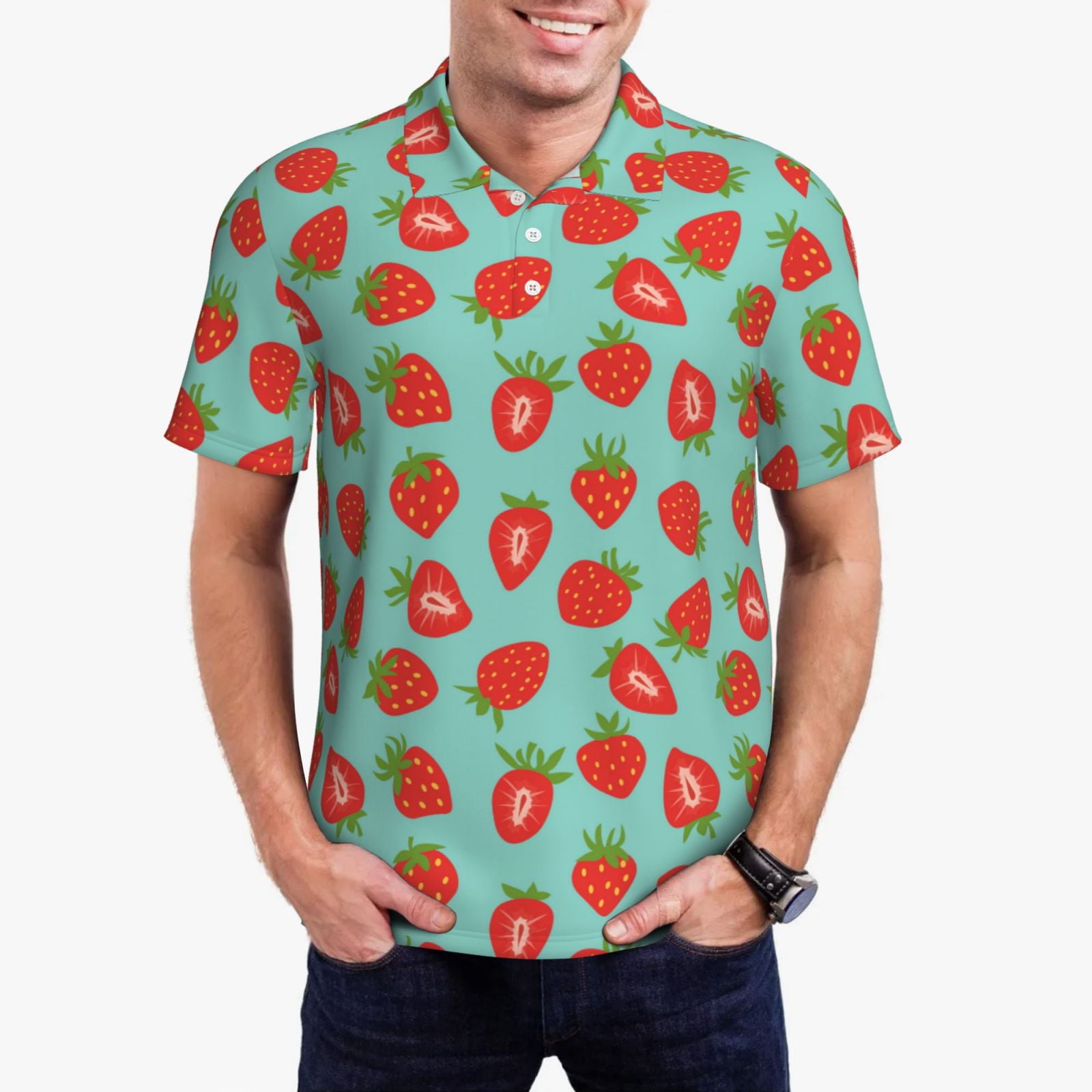 Fotbe Hand Drawn Strawberry Pattern Men’s Golf Polo Shirt – Breathable ...