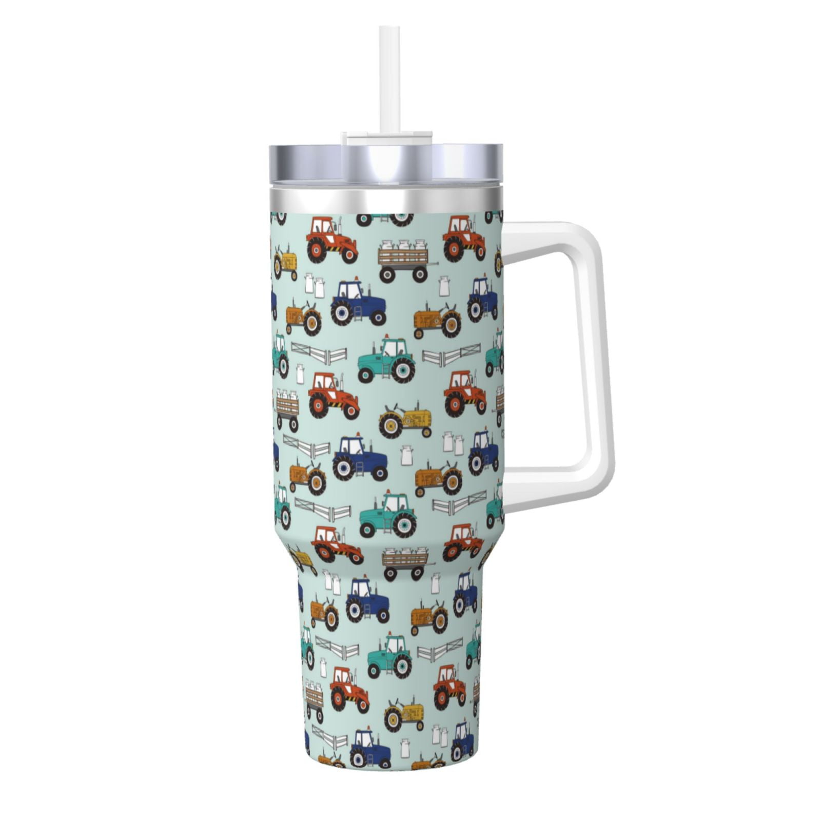 Fotbe Hand drawn tractors Pattern 40oz Ice Bully With Handle And Straw Stainless Steel Vacuum ...