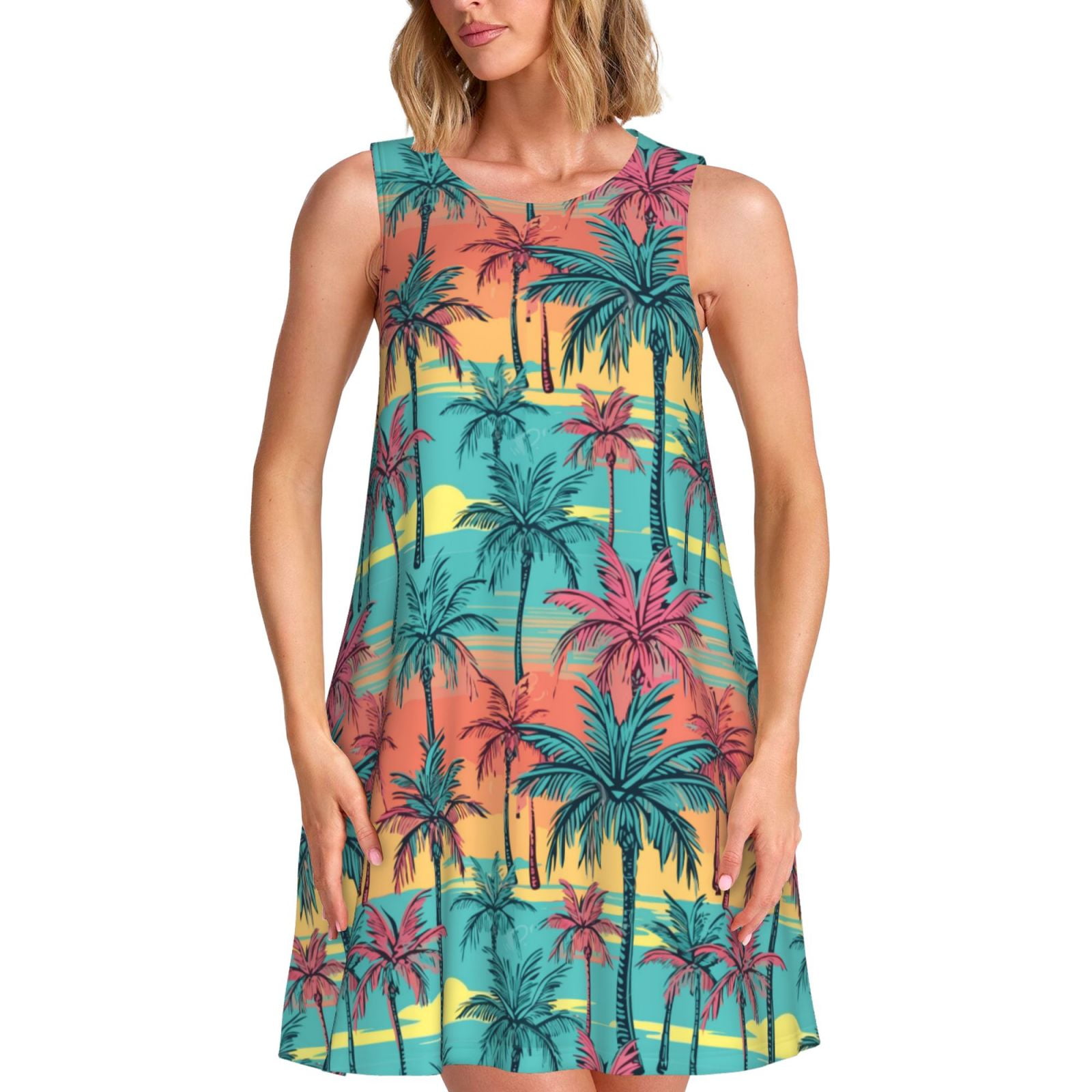 Fotbe Hawaii Palms Pattern Women’s Summer Tank Midi Dress – Sleeveless ...