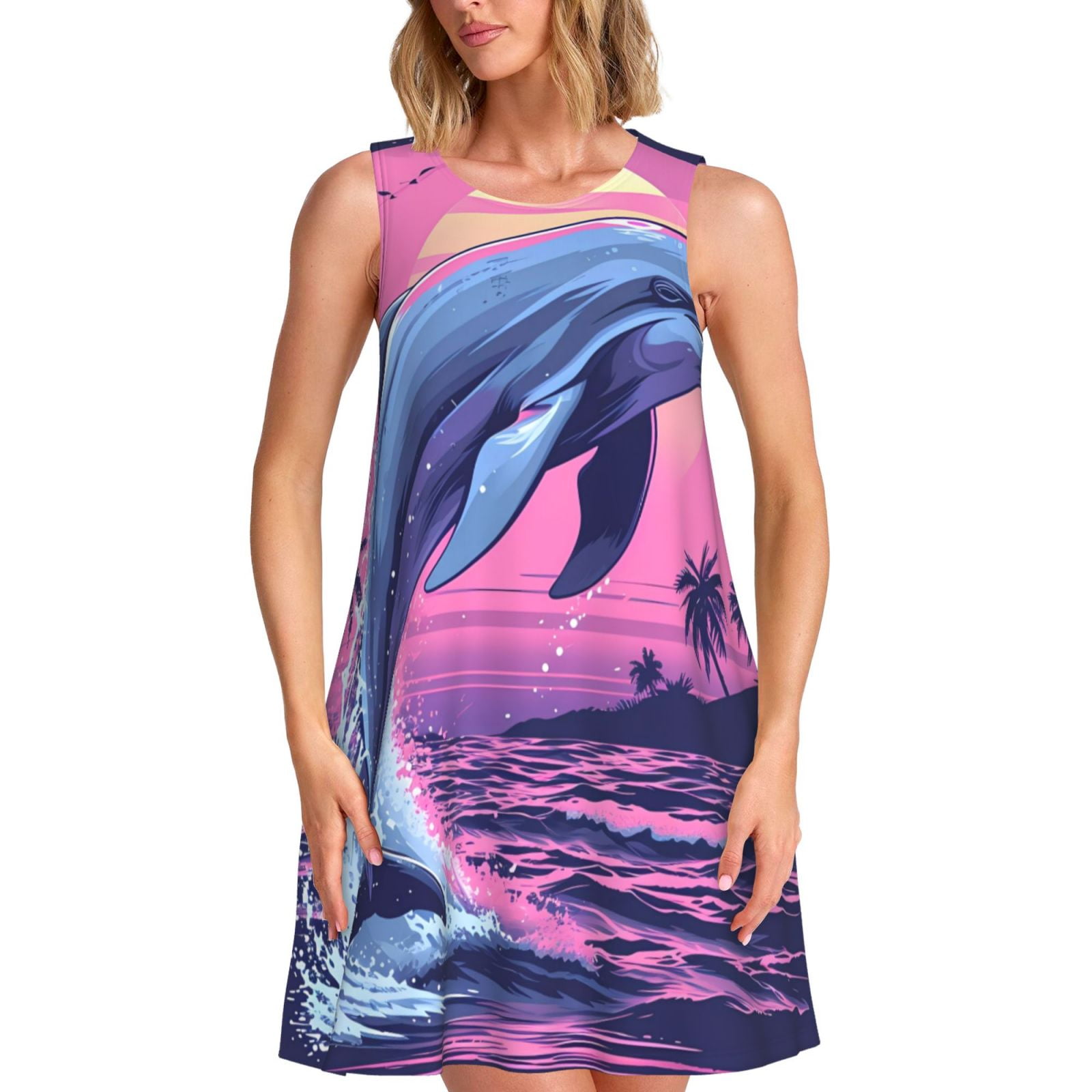 Fotbe Hawaiian Beach Dolphin Pattern Women’s Summer Tank Midi Dress ...