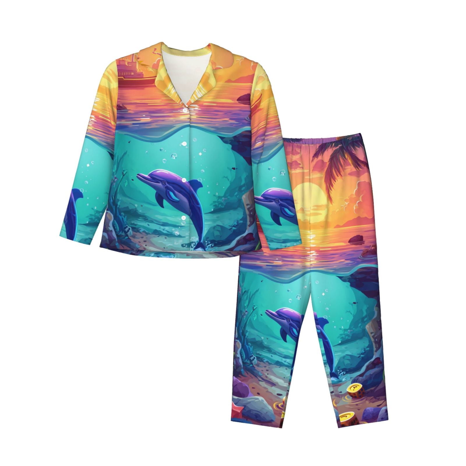 Fotbe Hawaiian Island Dolphin Pattern Long Sleeve Pajama Set for Women ...