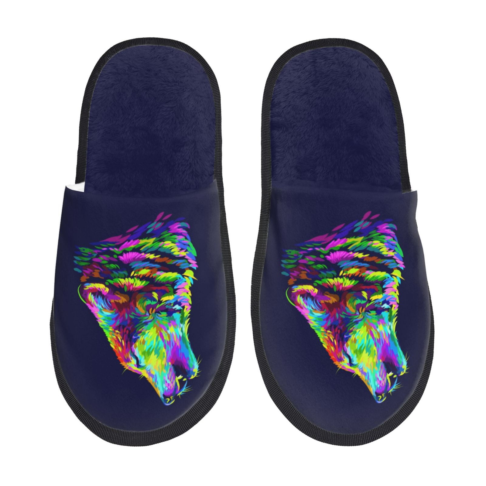 Fotbe Howling Wolf Pattern Women's Fuzzy Slippers Plush Slippers Fluffy ...