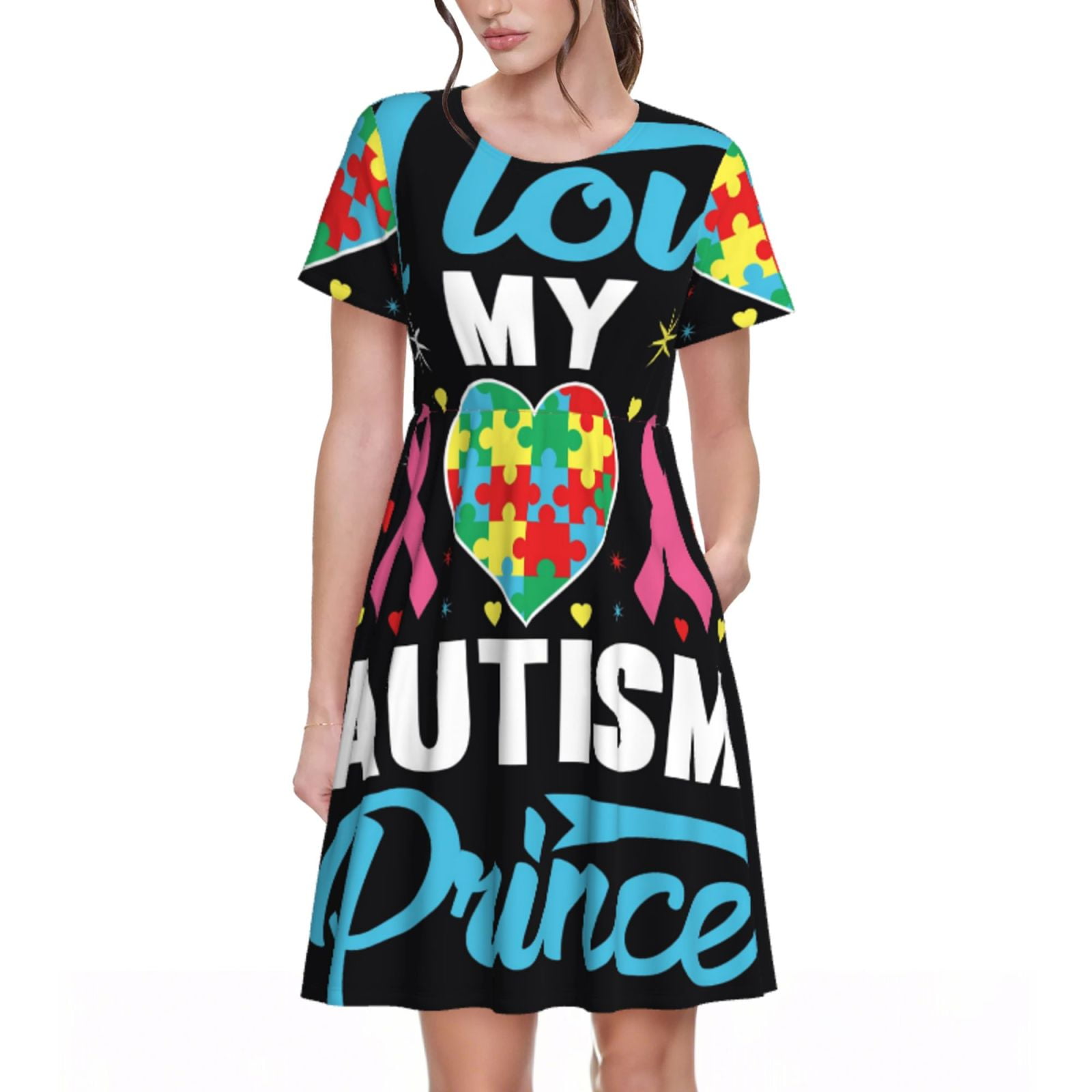 Fotbe I Love My Autism Pattern Dress Casual Womens Fashion Short Sleeve ...