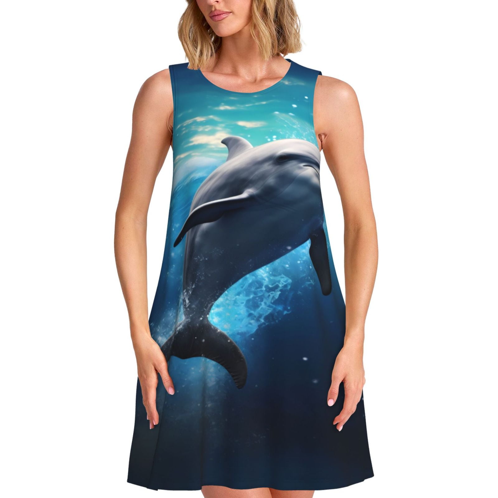 Fotbe Ice Blue Ocean Cute Dolphin Pattern Women’s Summer Tank Midi ...