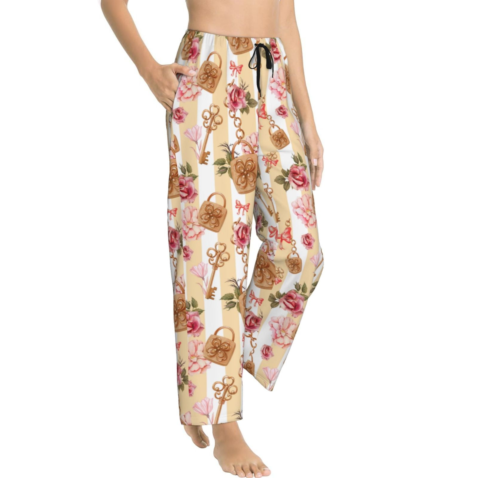 Fotbe Key Lock And Flowers Women's Pajama Pants,Sleepwear Pants,Pj ...