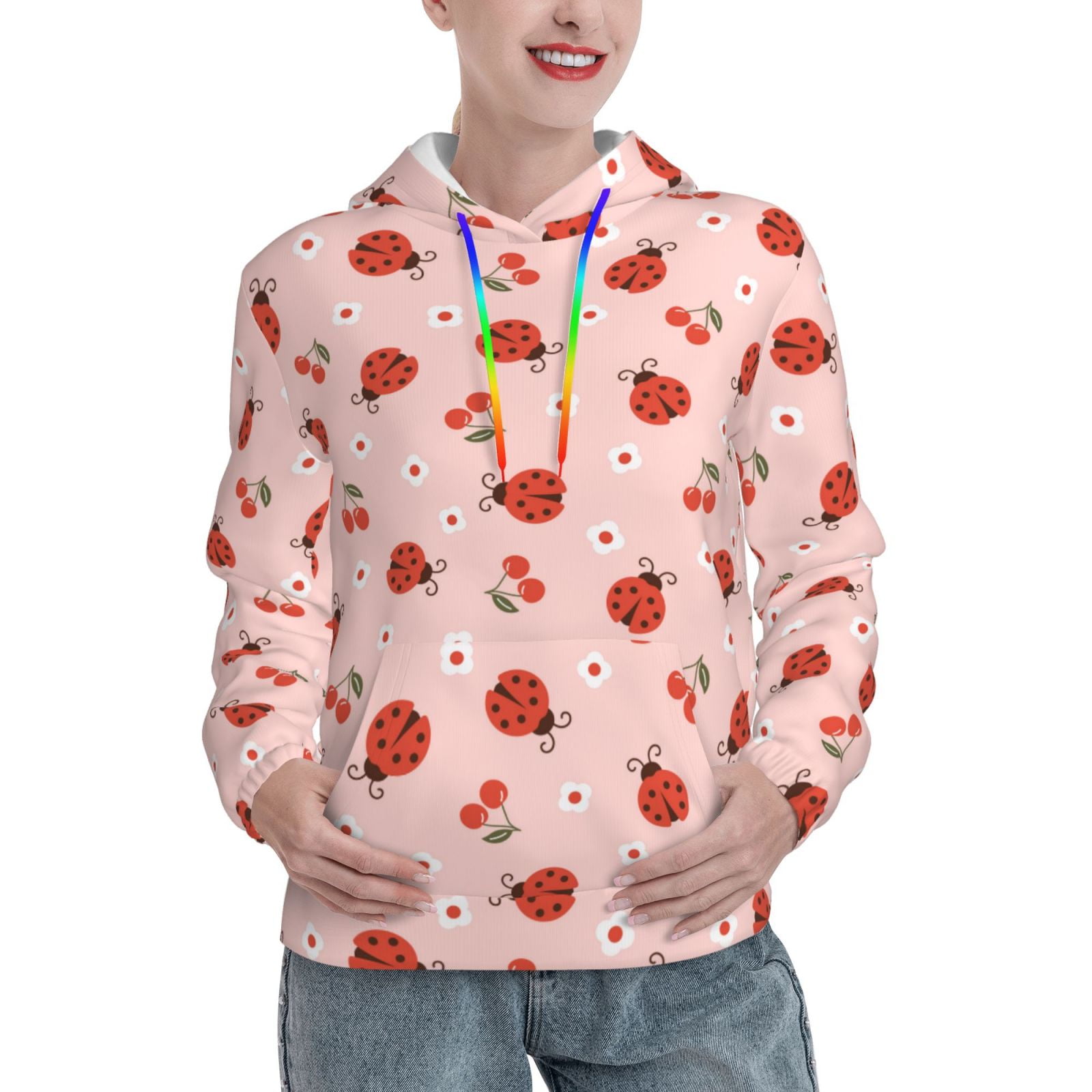 Fotbe Ladybug With Flower Pattern Womens Long Sleeve Hoodie, Pullover ...