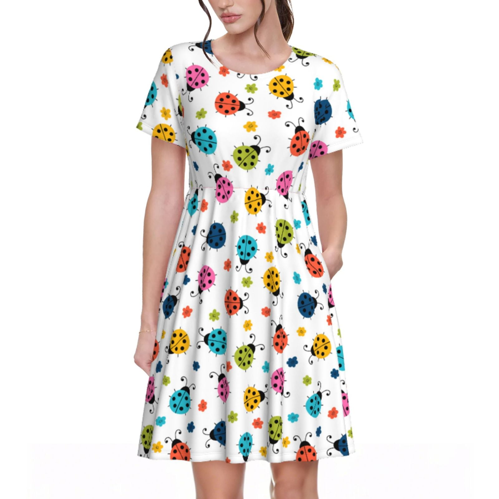 Fotbe Ladybugs And Flowers Pattern Dress Casual Womens Fashion Short ...
