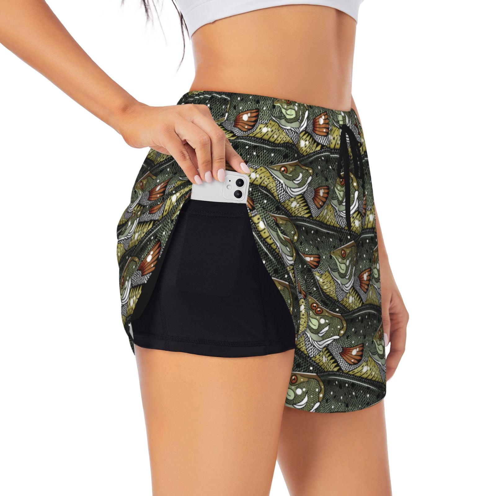 Fotbe Largemouth Bass Fish Pattern Womens High Waist Running Shorts Athletic Workout Quick Dry ...