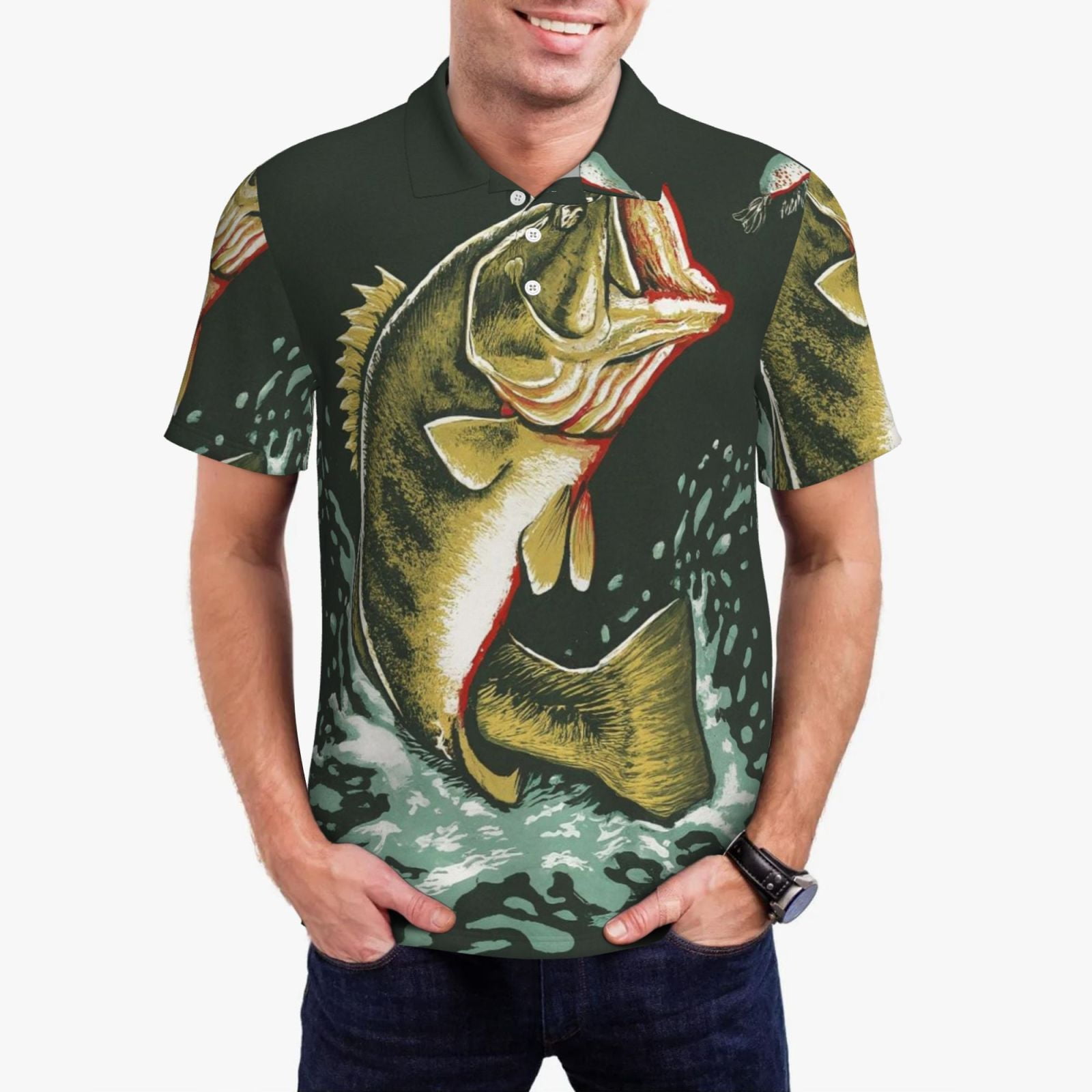 Fotbe Largemouth Bass jumps out of water Pattern Men’s Golf Polo Shirt – Breathable Performance ...