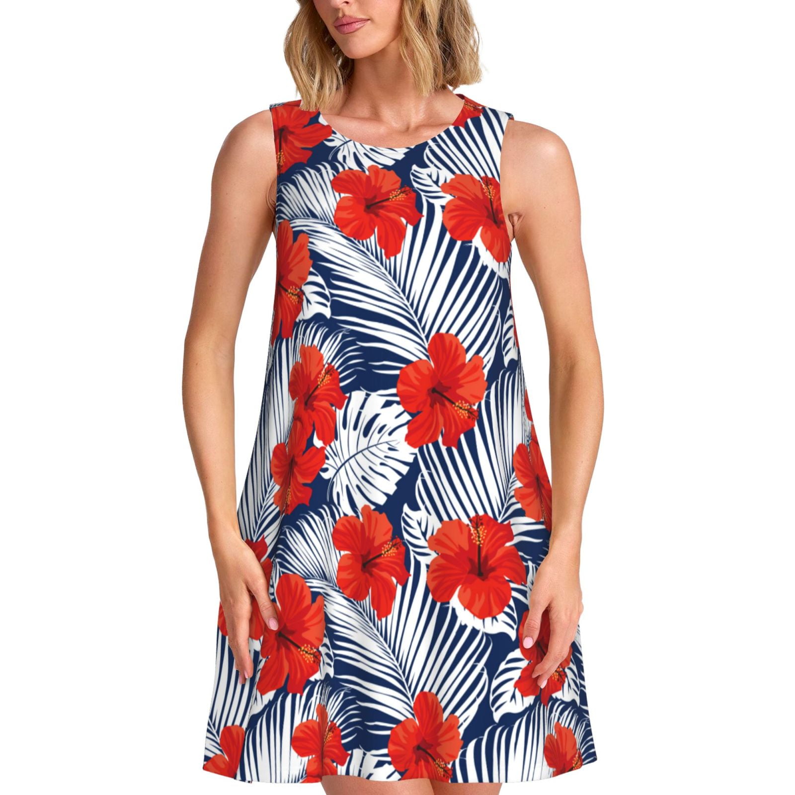 Fotbe Leaves And Flowers Pattern Women’s Summer Tank Midi Dress ...