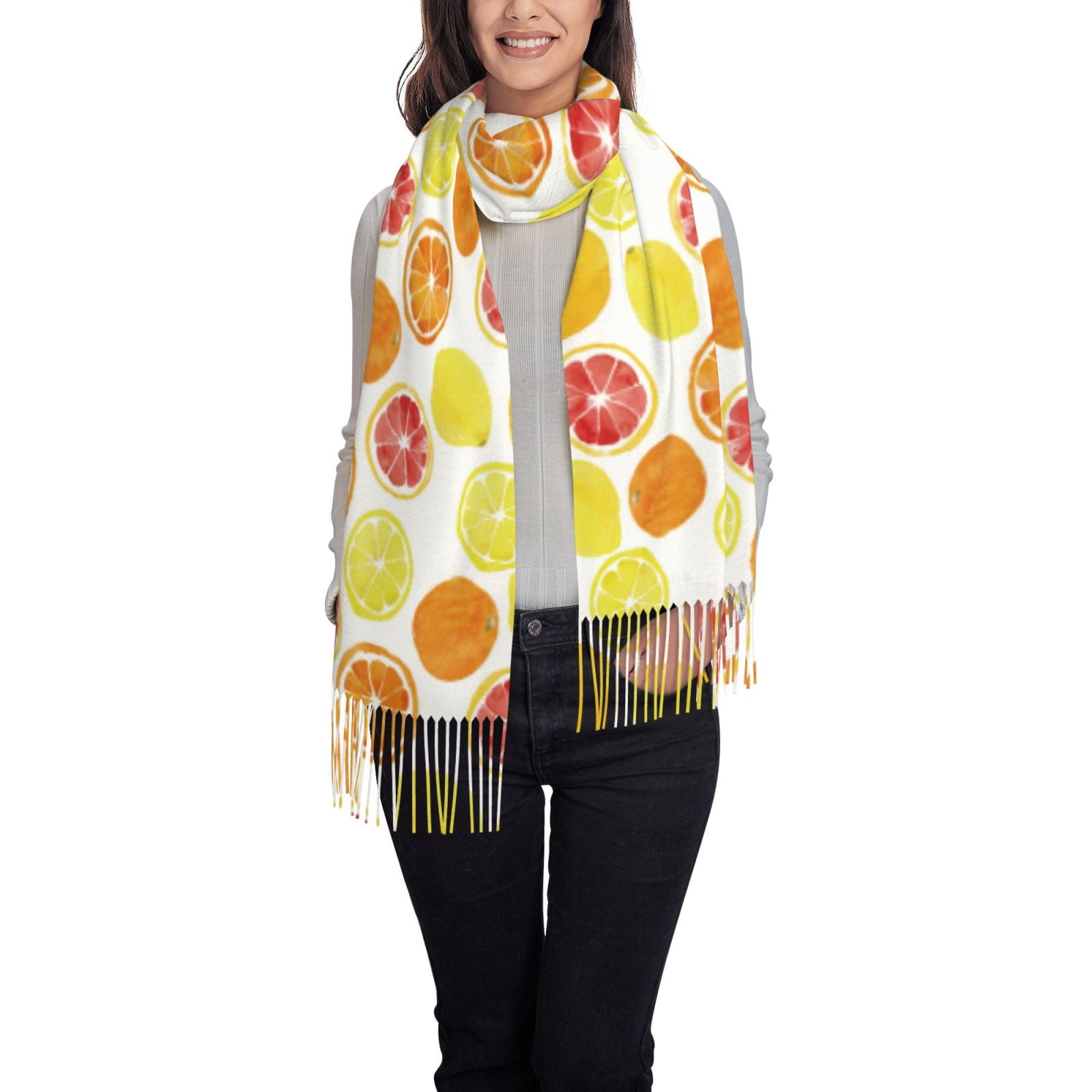 Fotbe Lemon Orange Print Womens Fall Winter Scarf Tassel Soft Warm ...