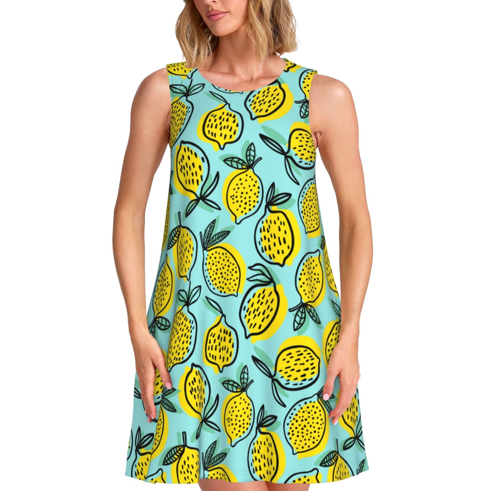 Fotbe Lemon1 Pattern Women’s Summer Tank Midi Dress – Sleeveless A-Line ...
