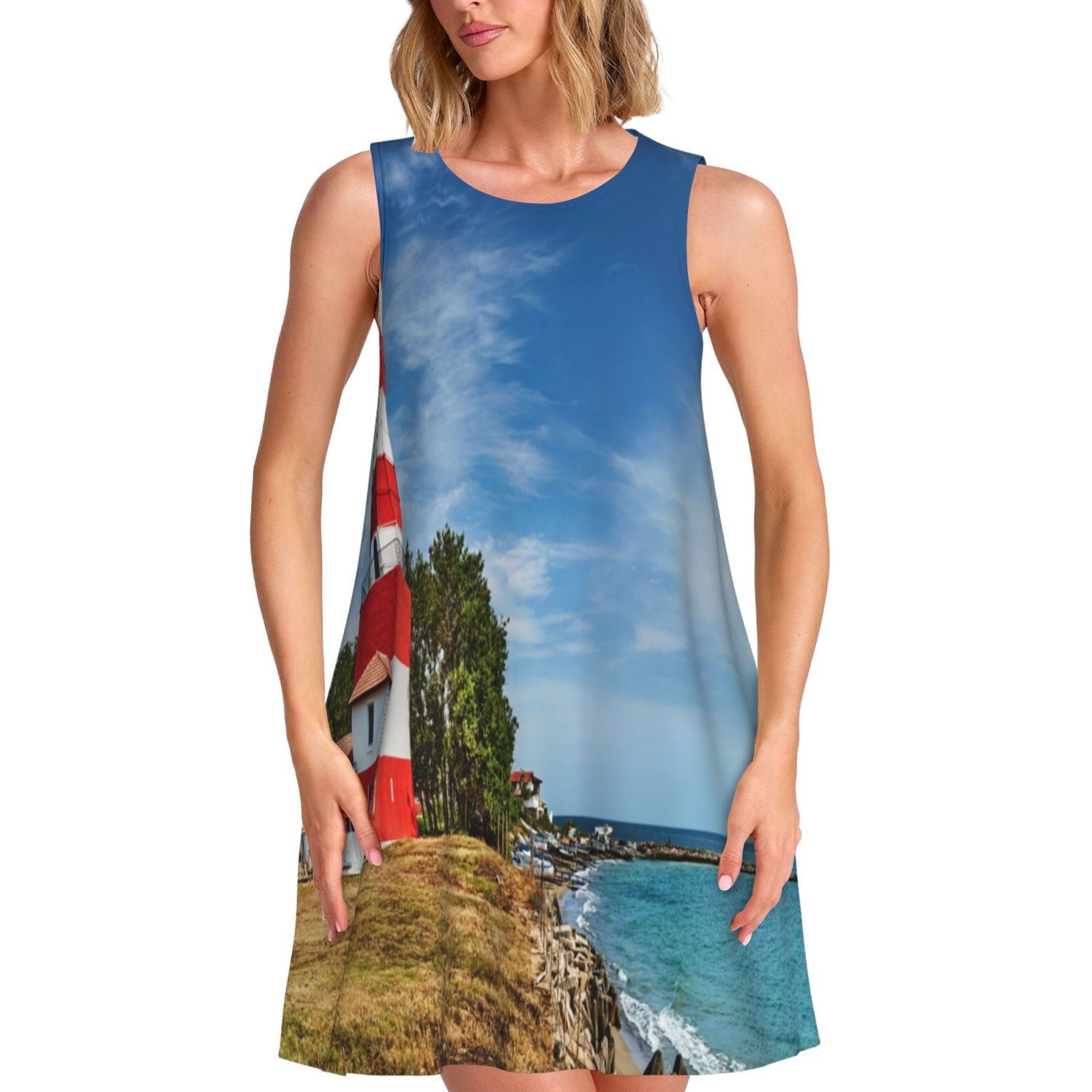 Fotbe Lighthous Pattern Women’s Summer Tank Midi Dress – Sleeveless A ...