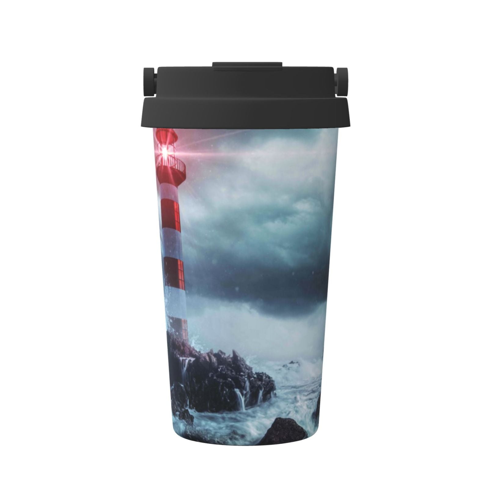 Fotbe Lighthouse in a Stormy Sea Printed Insulated Travel Coffee Mug ...