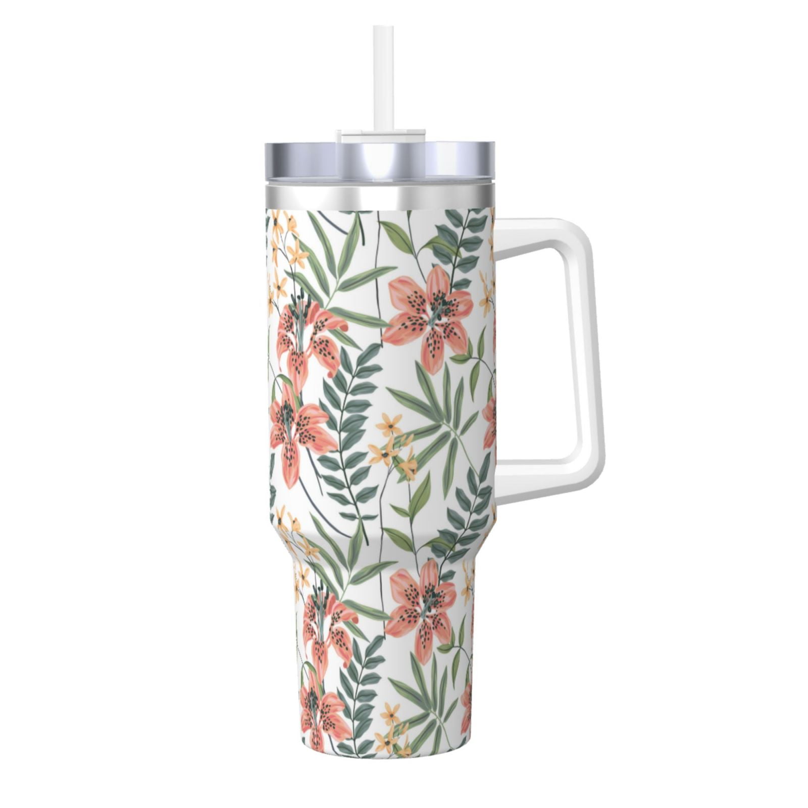 Fotbe Lilies Flowers Pattern 40oz Ice Bully With Handle And Straw ...