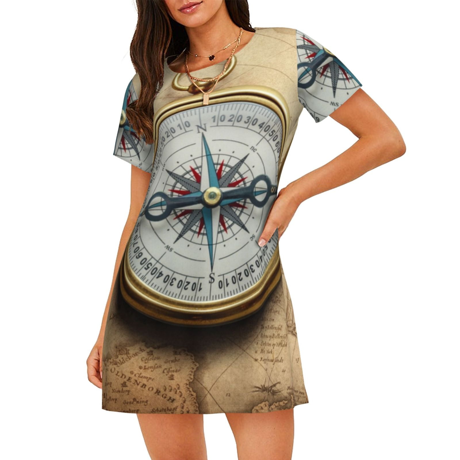 Fotbe Magnetic Old Compass On World Map Pattern Women's Cotton ...