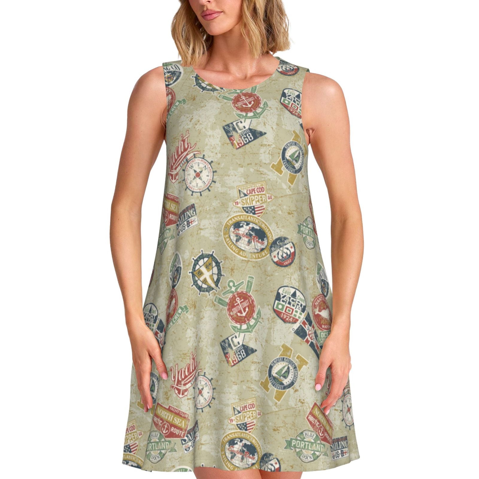 Fotbe Marine Sailing Badges Pattern Women’s Summer Tank Midi Dress ...