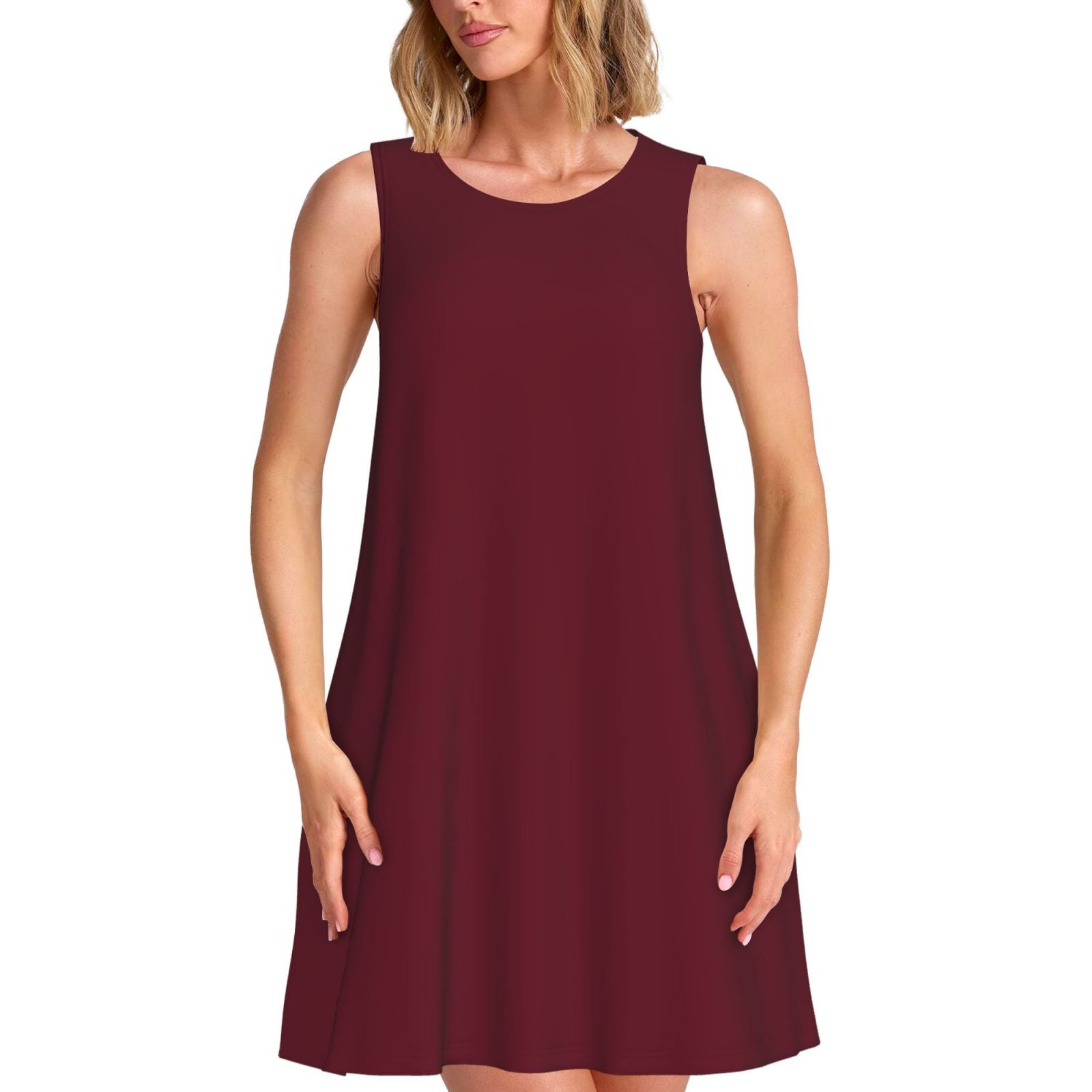 Fotbe Maroon Pattern Women’s Summer Tank Midi Dress – Sleeveless A-Line ...