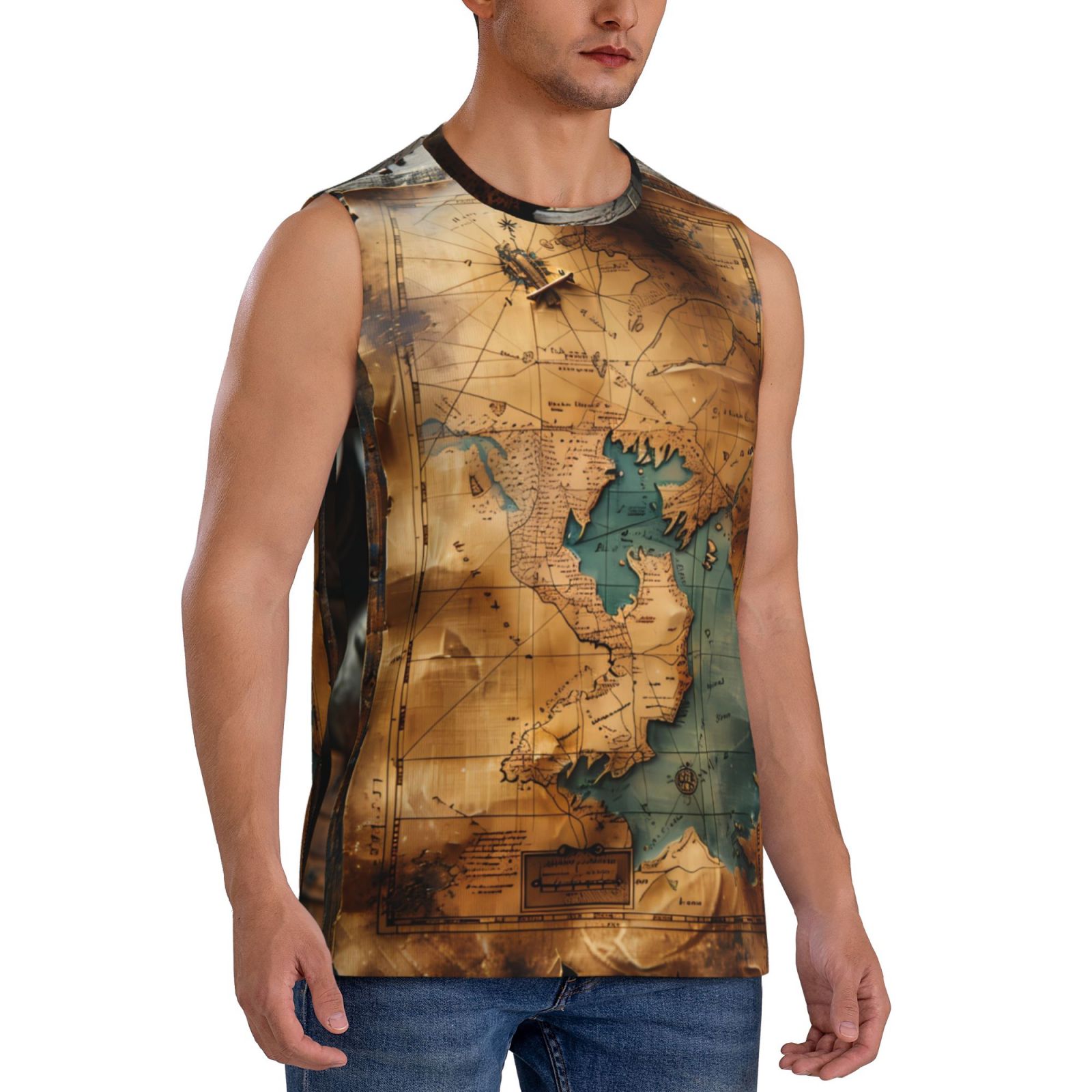 Fotbe Men's Antique Map Adventure Scene Print Men's Sleeveless Muscle ...