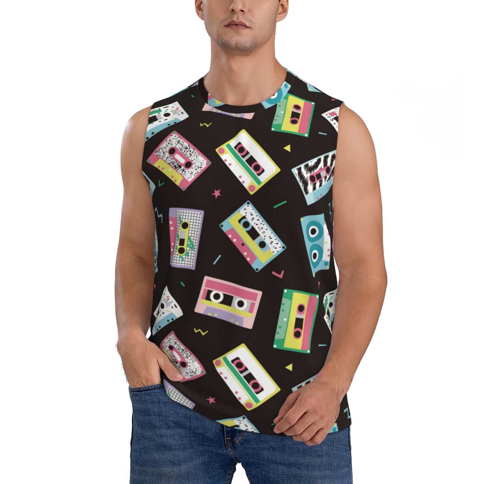Fotbe Men's Colorful Retro Tape Print Men's Sleeveless Muscle Tank Tops ...