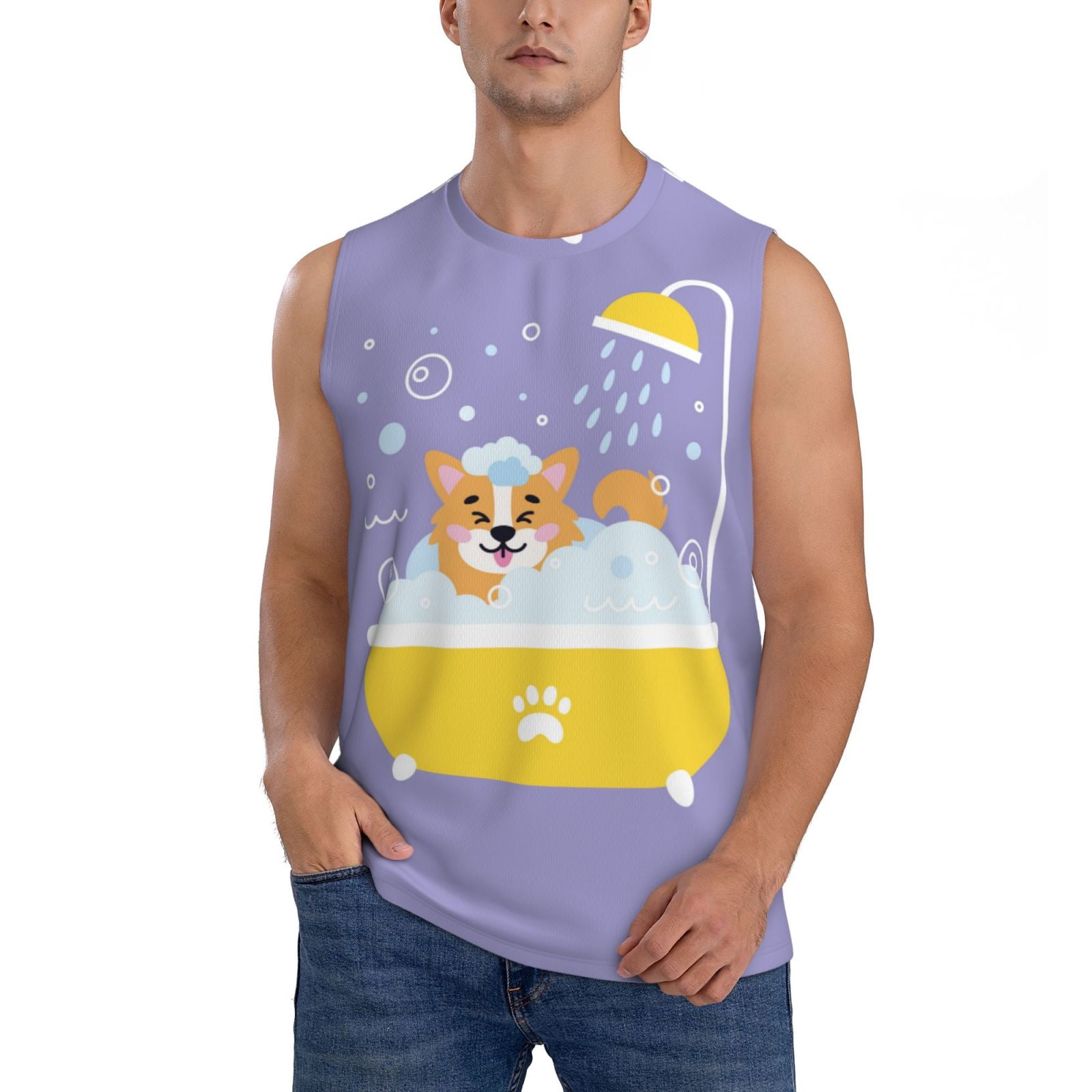 Fotbe Men's Corgi Washing in Bathtub Print Men's Sleeveless Muscle Tank ...