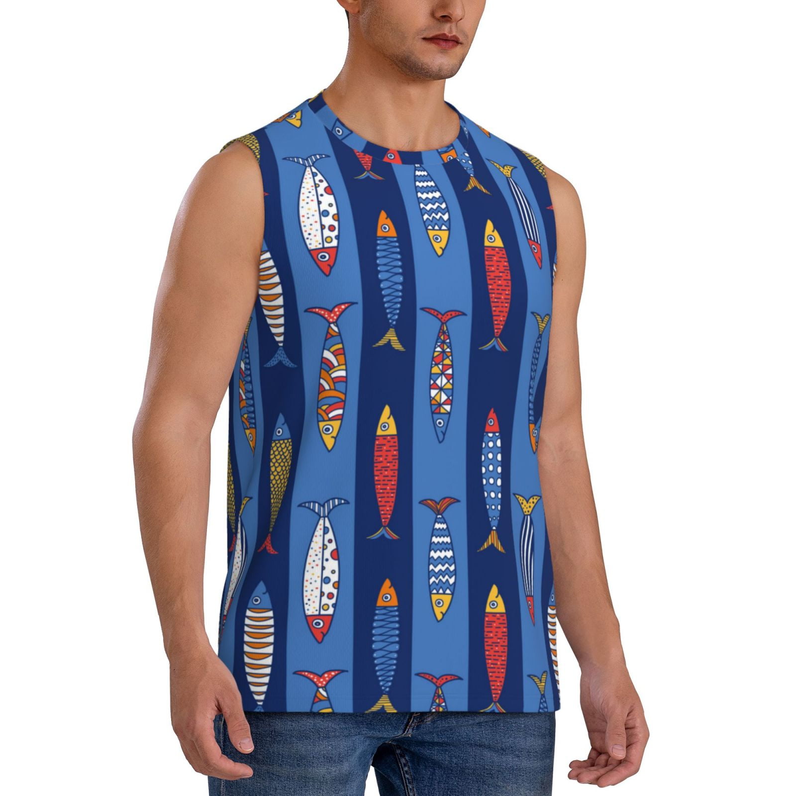 Fotbe Men's Cute Fish Print Men's Sleeveless Muscle Tank Tops Casual T ...