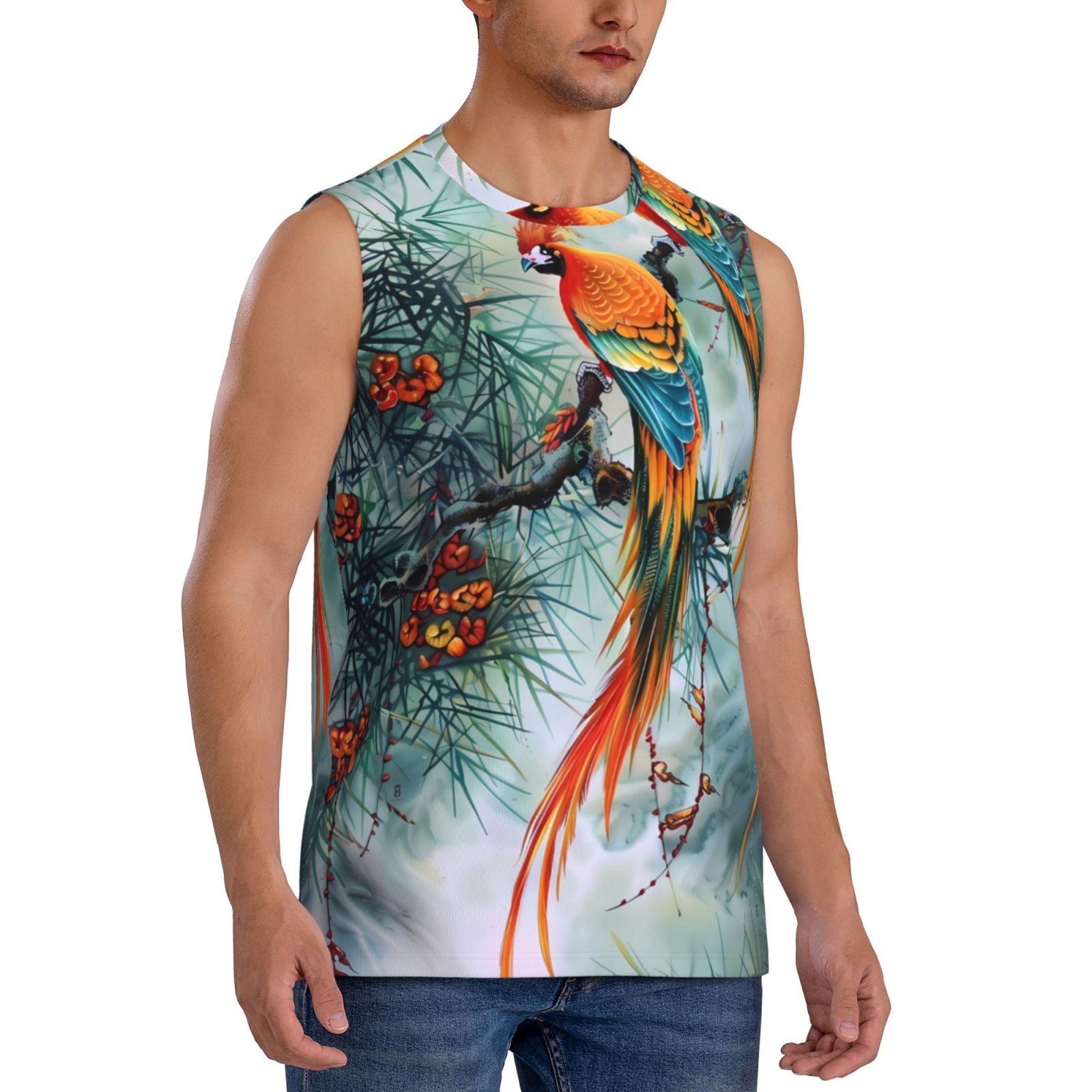 Fotbe Men's Exotic Birds Forest Print Men's Sleeveless Muscle Tank Tops ...