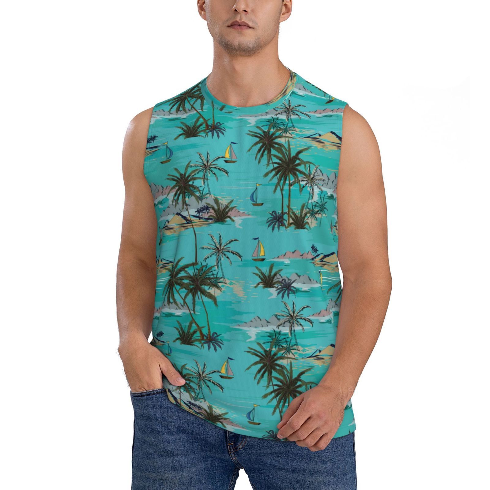 Fotbe Men's Hawaii Palms Print Men's Sleeveless Muscle Tank Tops Casual ...