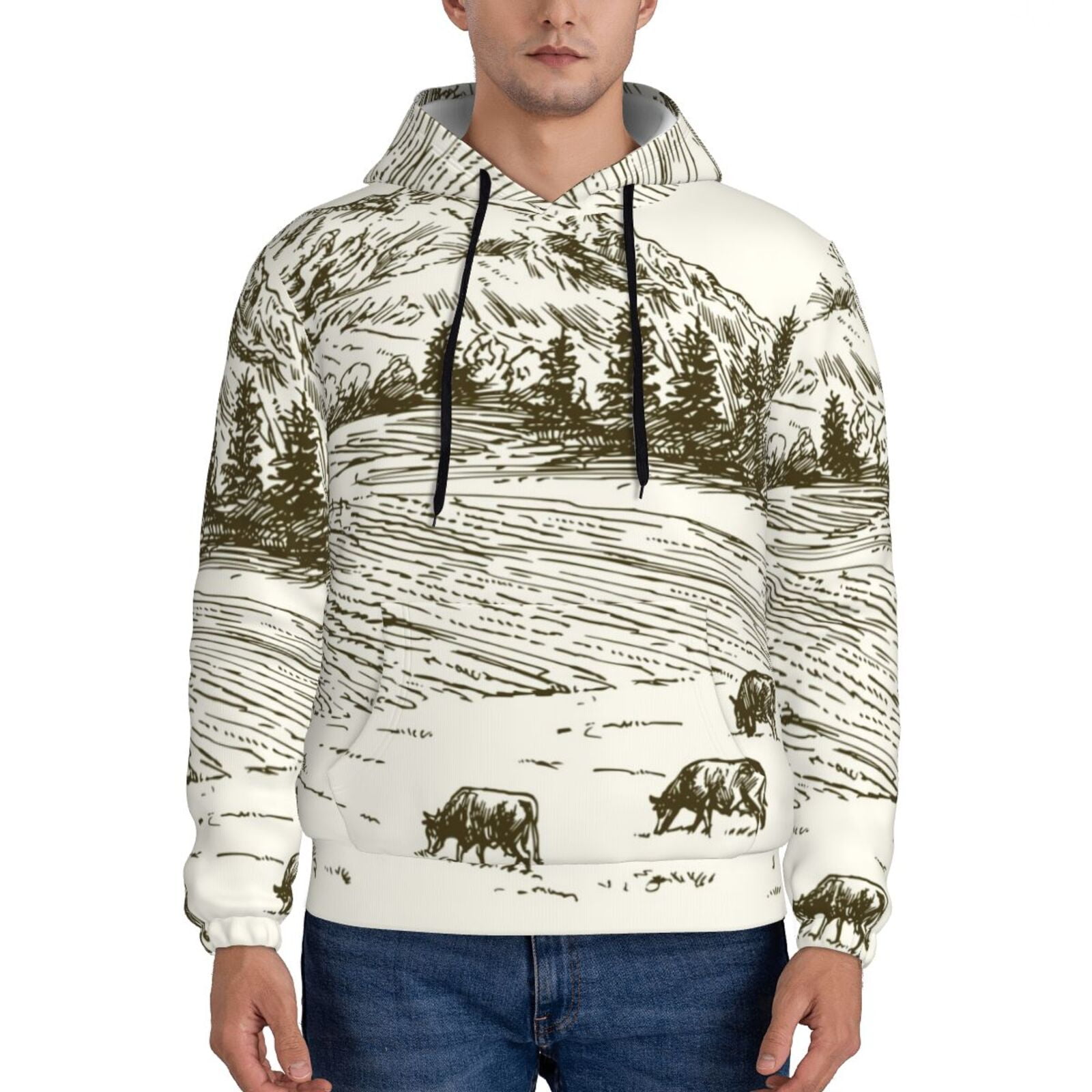 Fotbe Men's Hoodie with Cows Grazing On Meadow Pattern - Kangaroo ...