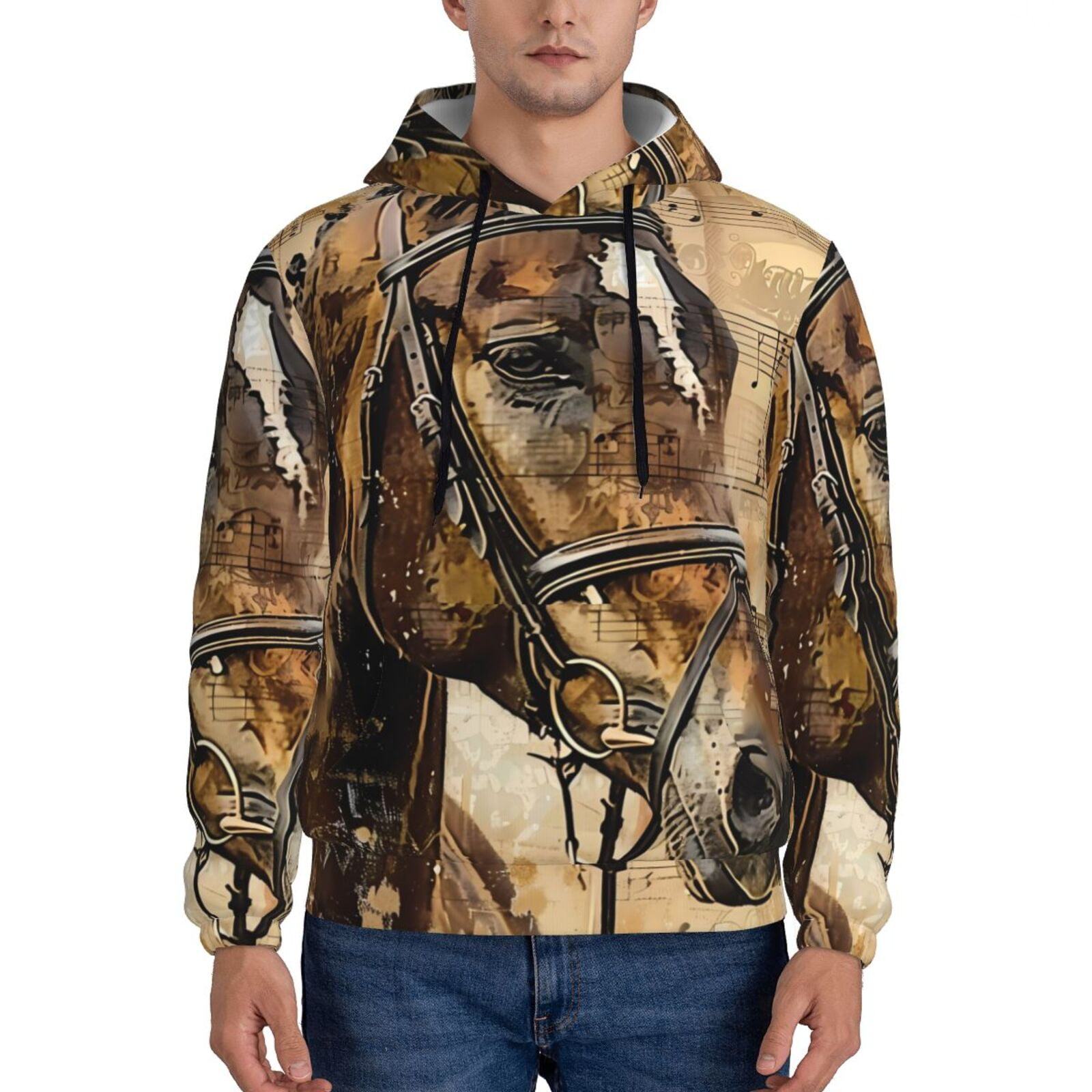 Fotbe Men's Hoodie with Musical Horse Vintage Collage Pattern ...