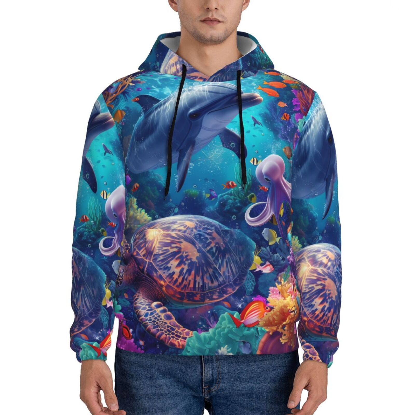 Fotbe Men's Hoodie with Underwater Turtle Dolphin Octopus Pattern ...