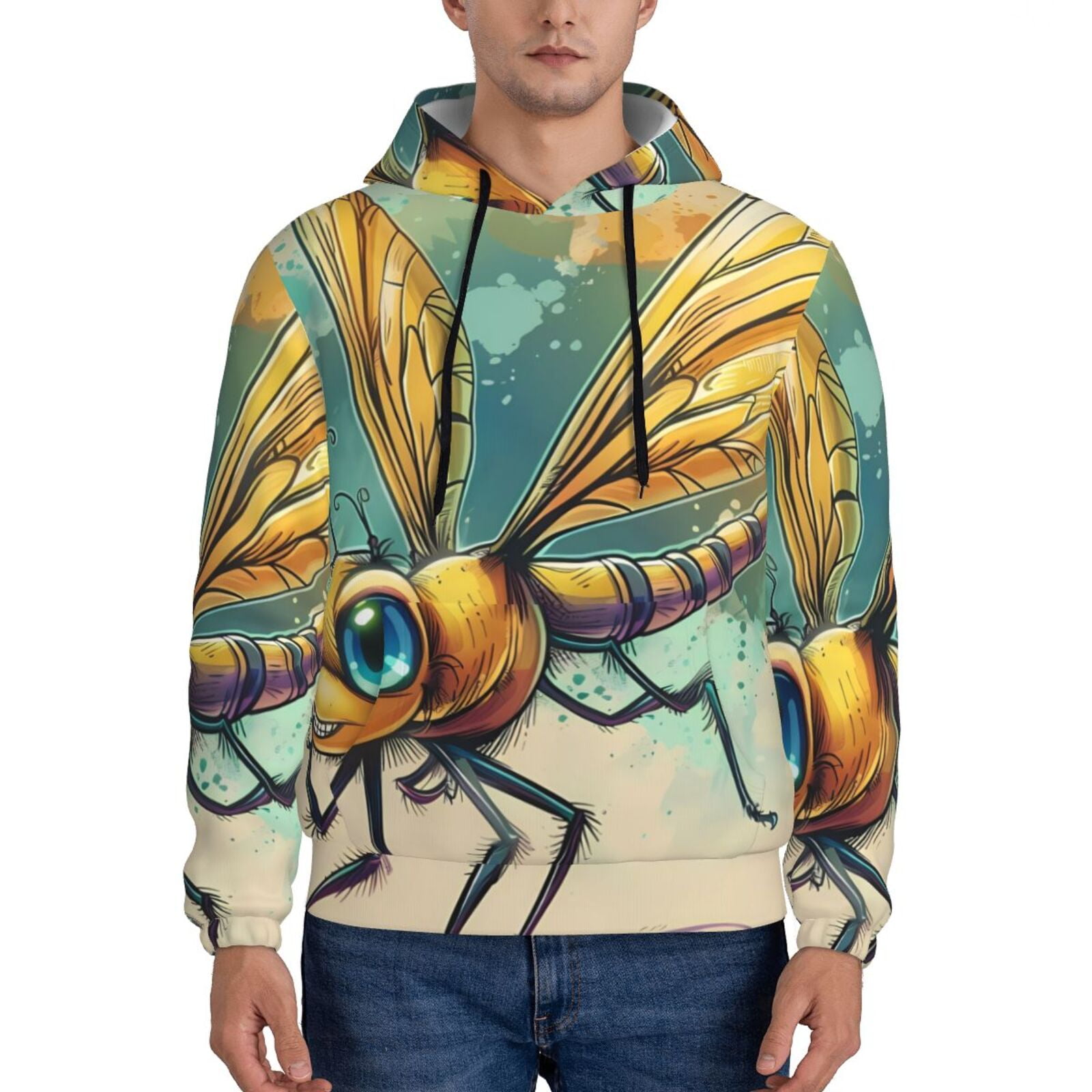 Fotbe Men's Hoodie with Cartoon Dragonfly Art Pattern - Kangaroo Pocket ...
