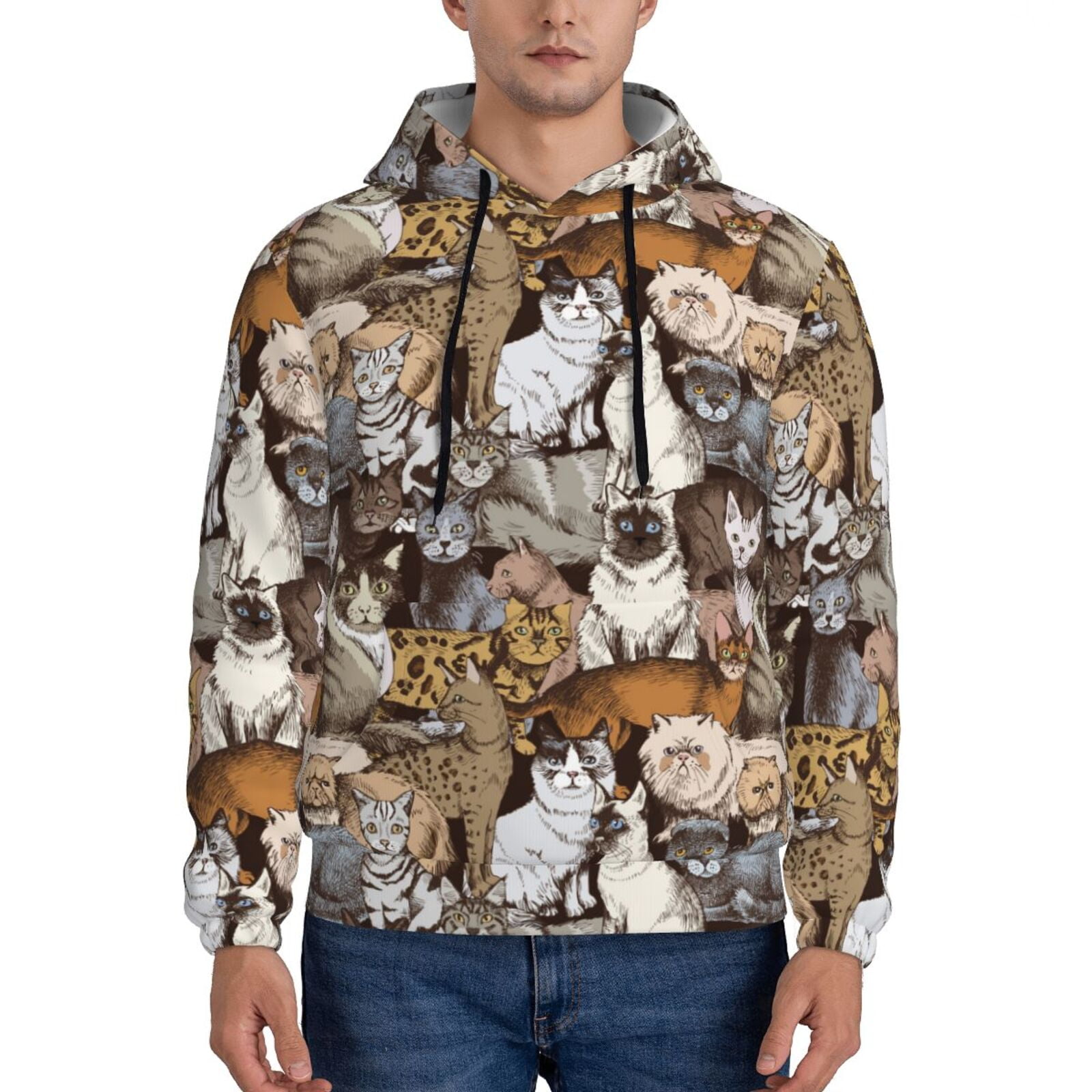 Fotbe Men's Hoodie with Cut Cats Pattern - Kangaroo Pocket Pullover ...