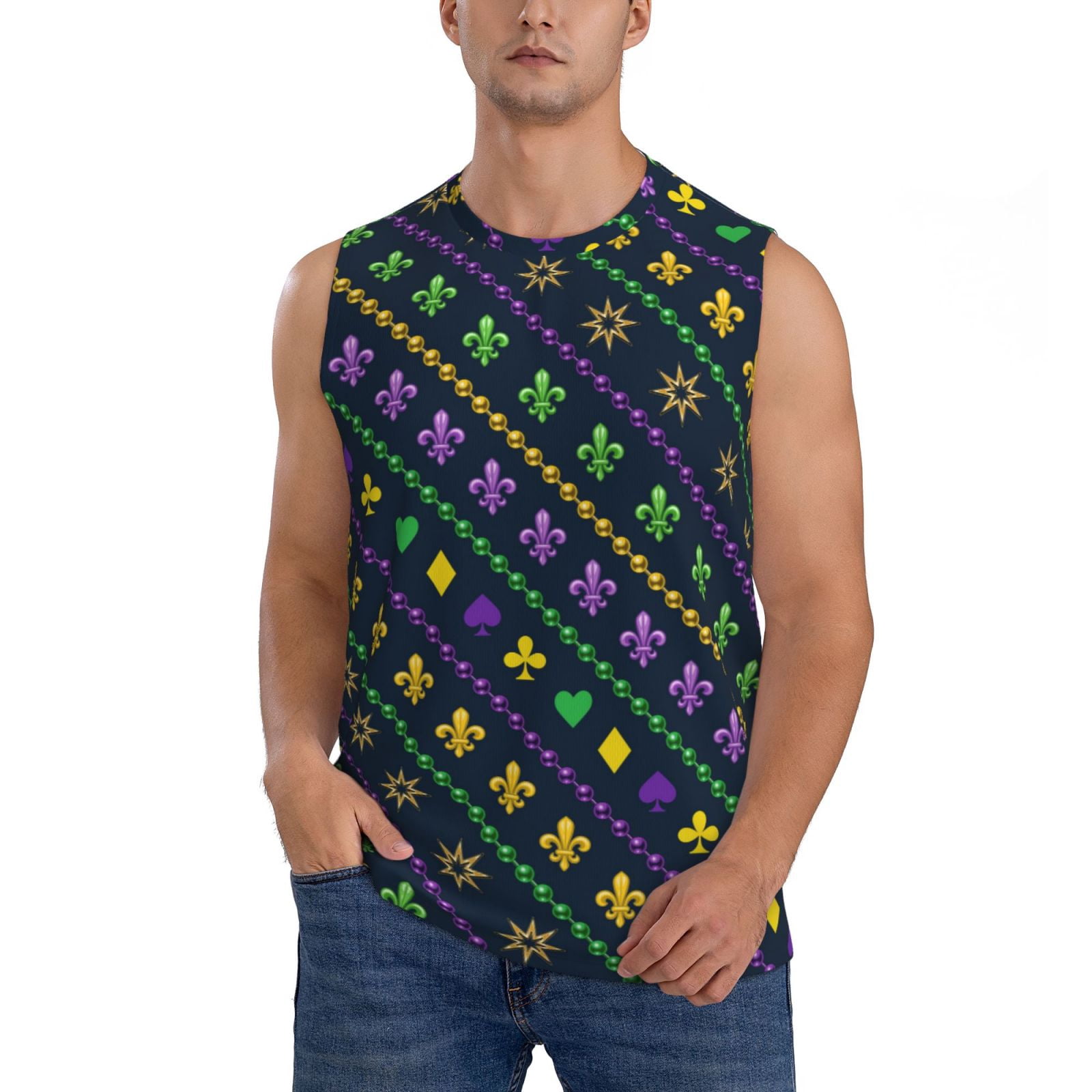 Fotbe Men's Mardi Gras Strings of Beads Print Men's Sleeveless Muscle ...