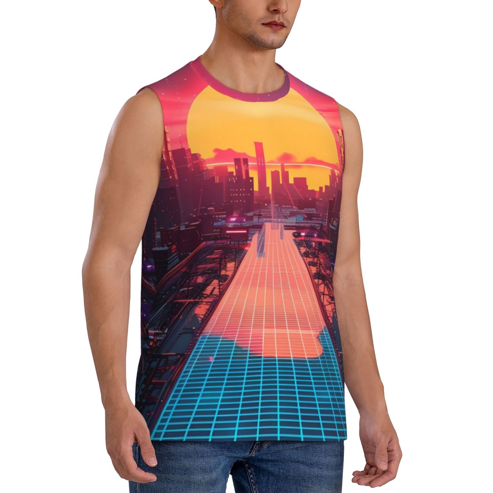 Fotbe Men's Neon Sunset Cyberpunk Cityscape Print Men's Sleeveless ...