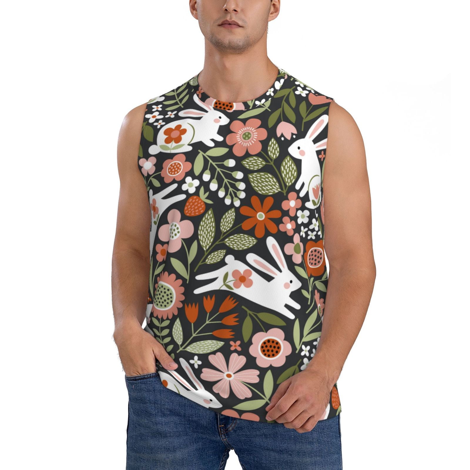 Fotbe Men's Rabbits on Floral Print Men's Sleeveless Muscle Tank Tops ...