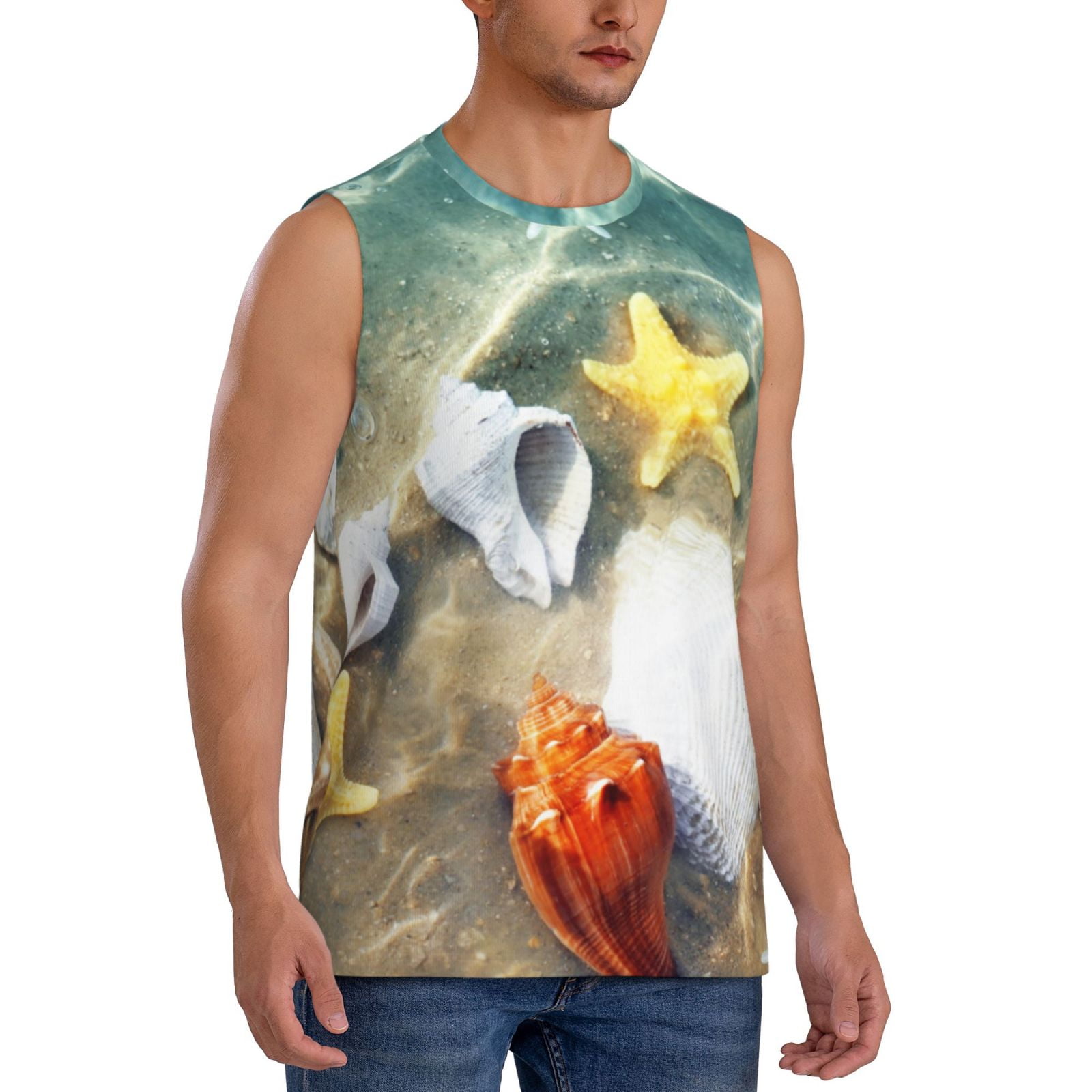 Fotbe Men's Seashell On The Beach Print Men's Sleeveless Muscle Tank ...