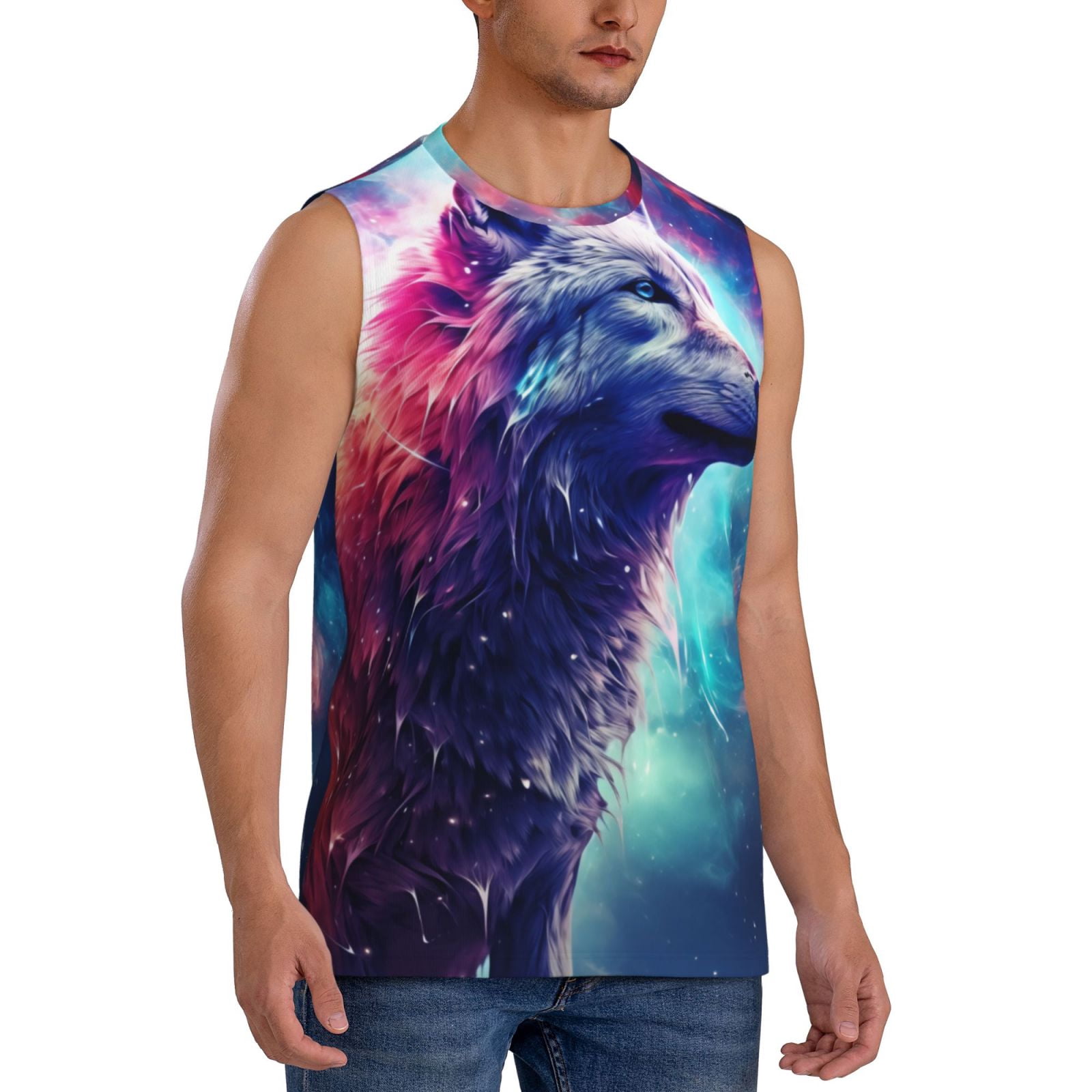 Fotbe Men's Starry Multicolored Wolf Print Men's Sleeveless Muscle Tank ...