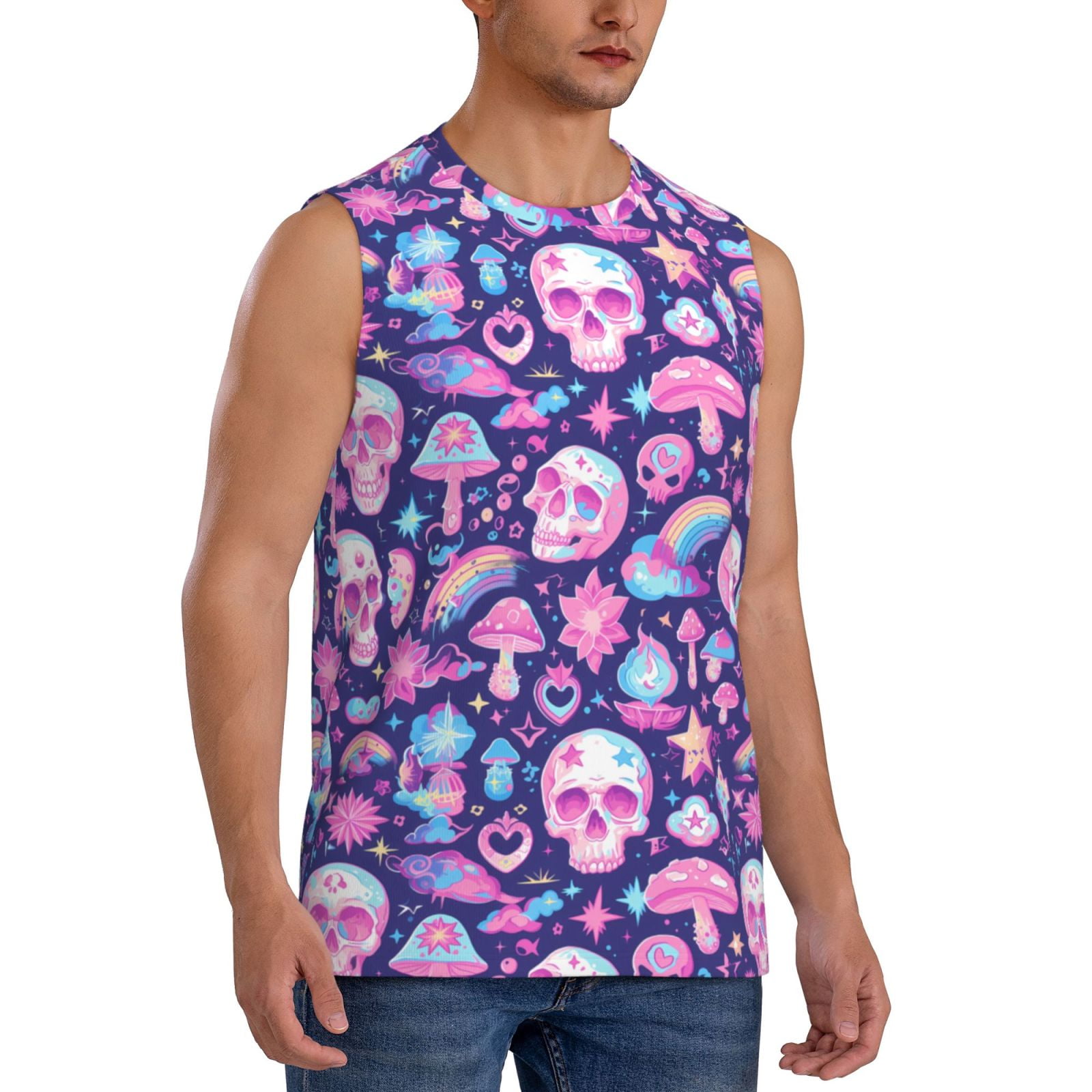 Fotbe Men's mushroom rainbow color Skull Print Men's Sleeveless Muscle ...