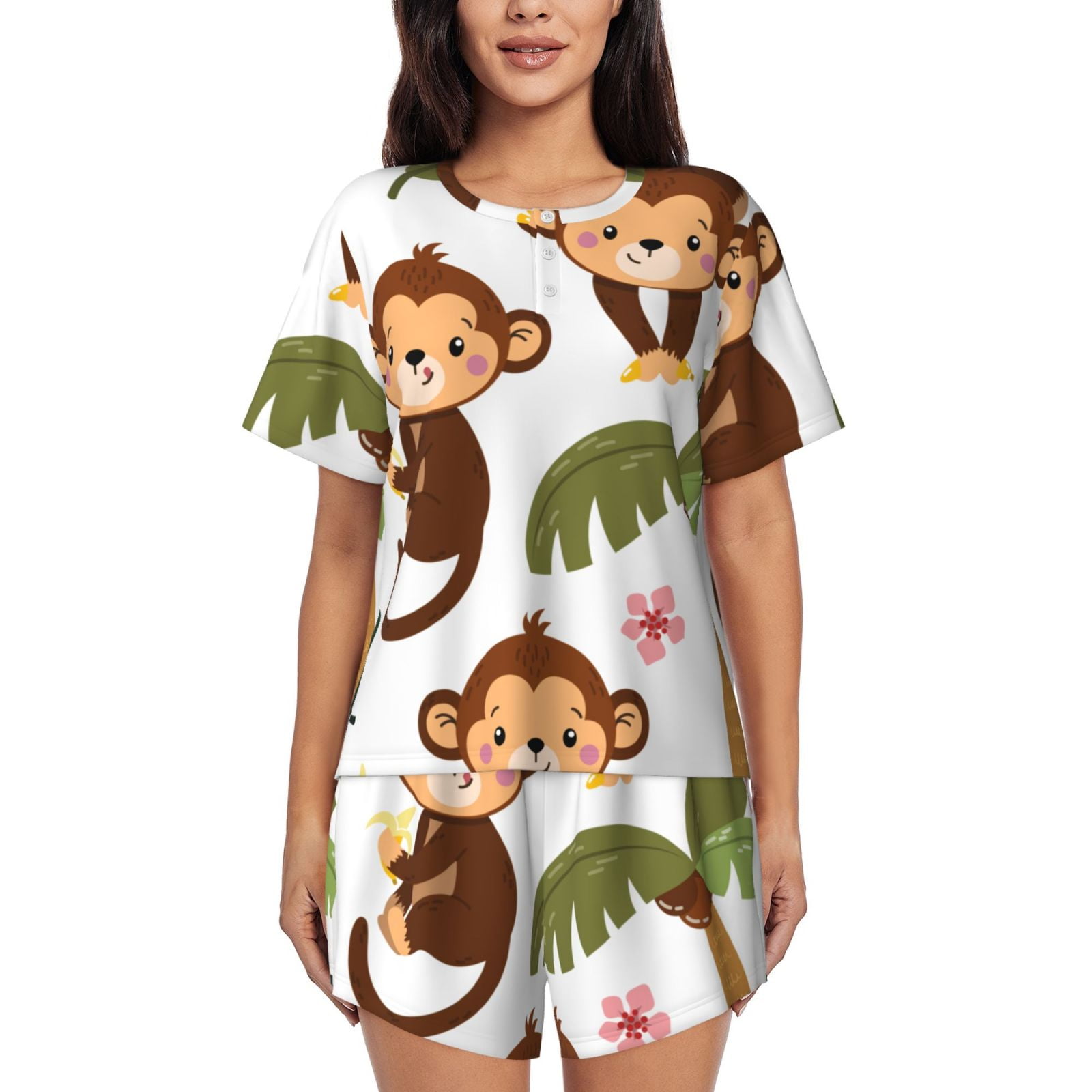 Fotbe Monkeys Swinging from Palms Print Pajama Set for Women 2 Piece ...