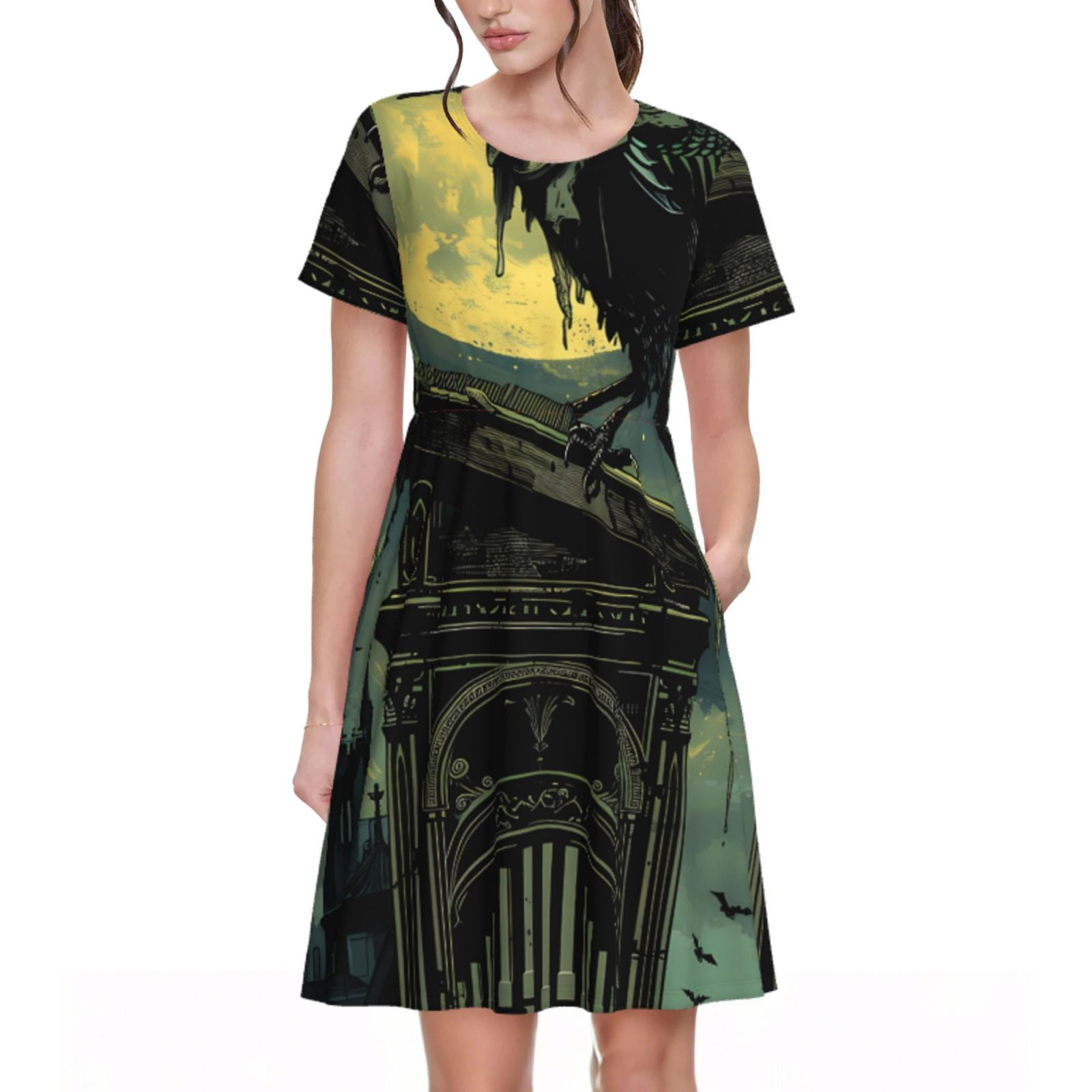 Fotbe MoonNight Sky Crow Pattern Dress Casual Womens Fashion Short ...