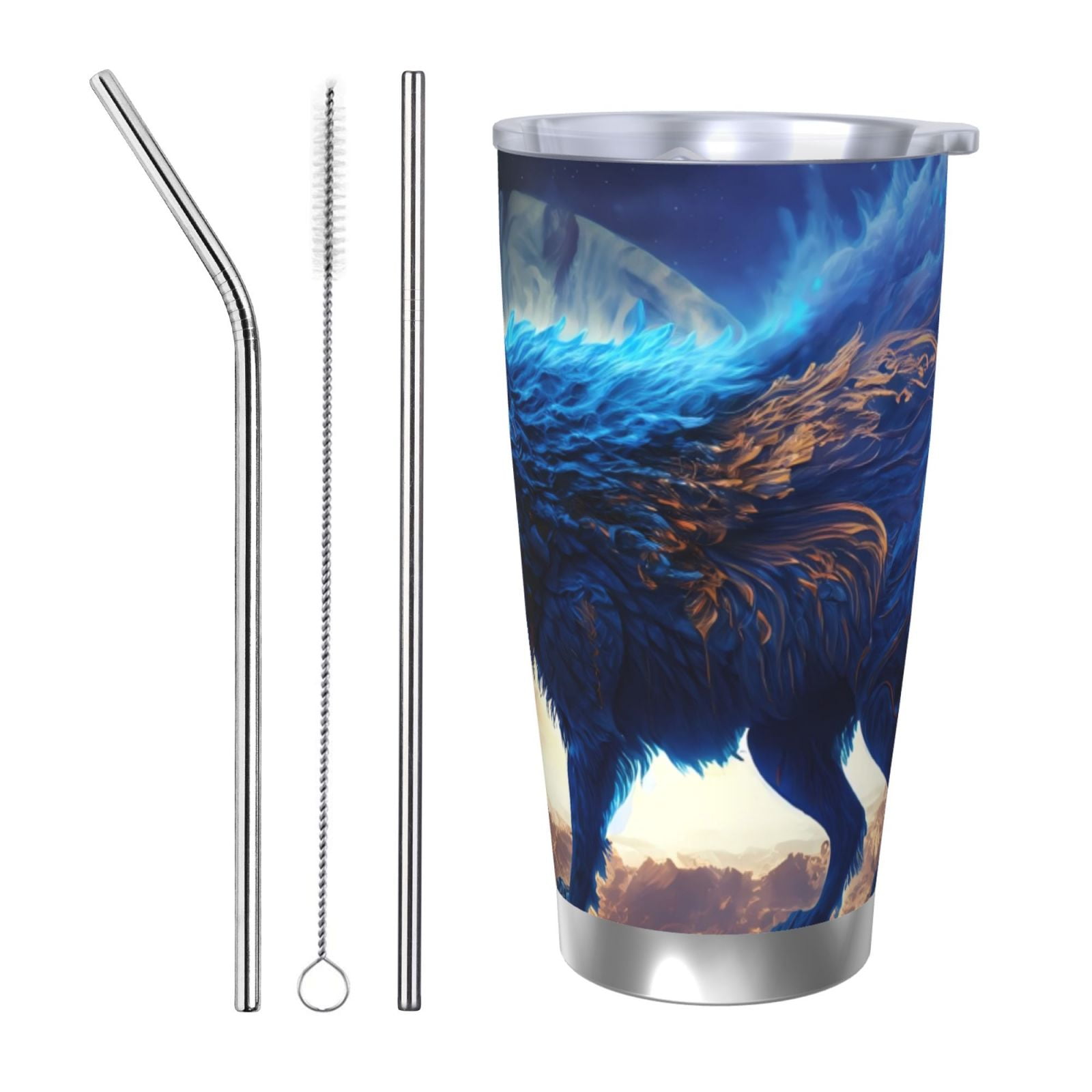 Fotbe Moonlit Blue Wolf Pattern 20 oz Tumbler Stainless Steel Vacuum ...