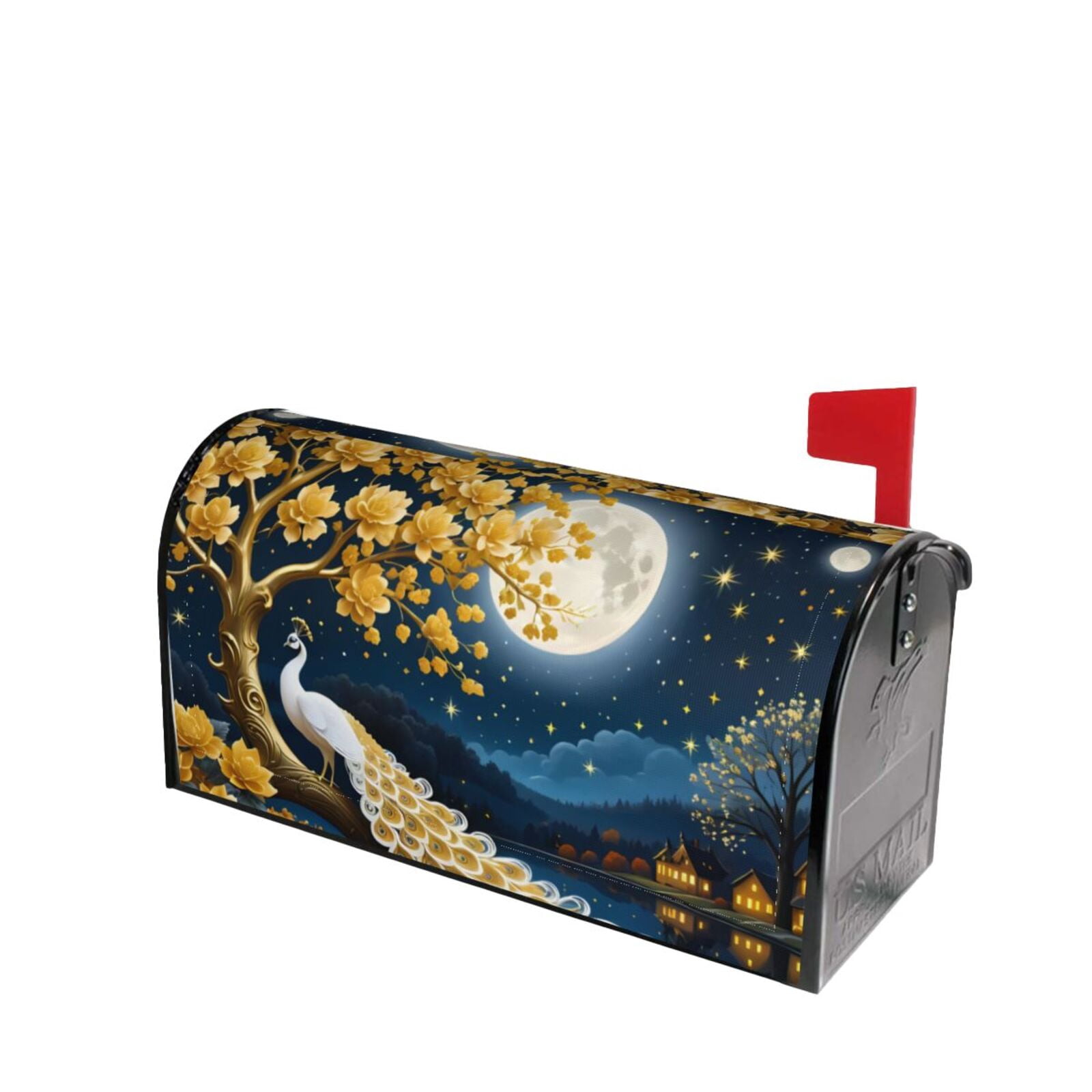 Fotbe Moonlit Golden Tree Peacock Mailbox Covers Post Letter Box Cover ...