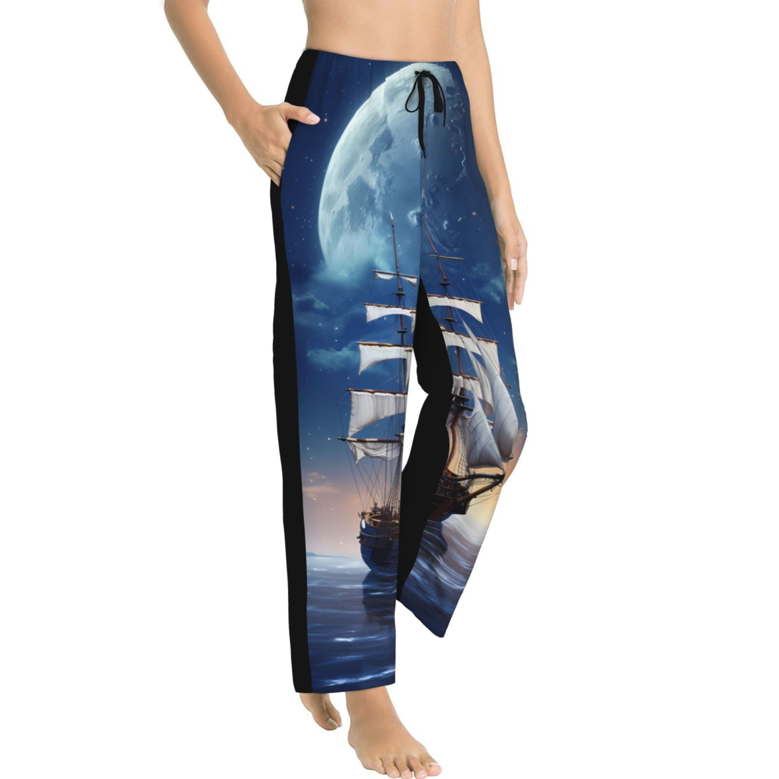 Fotbe Moonlit Night Sea Sailboat Women's Pajama Pants,Sleepwear Pants ...