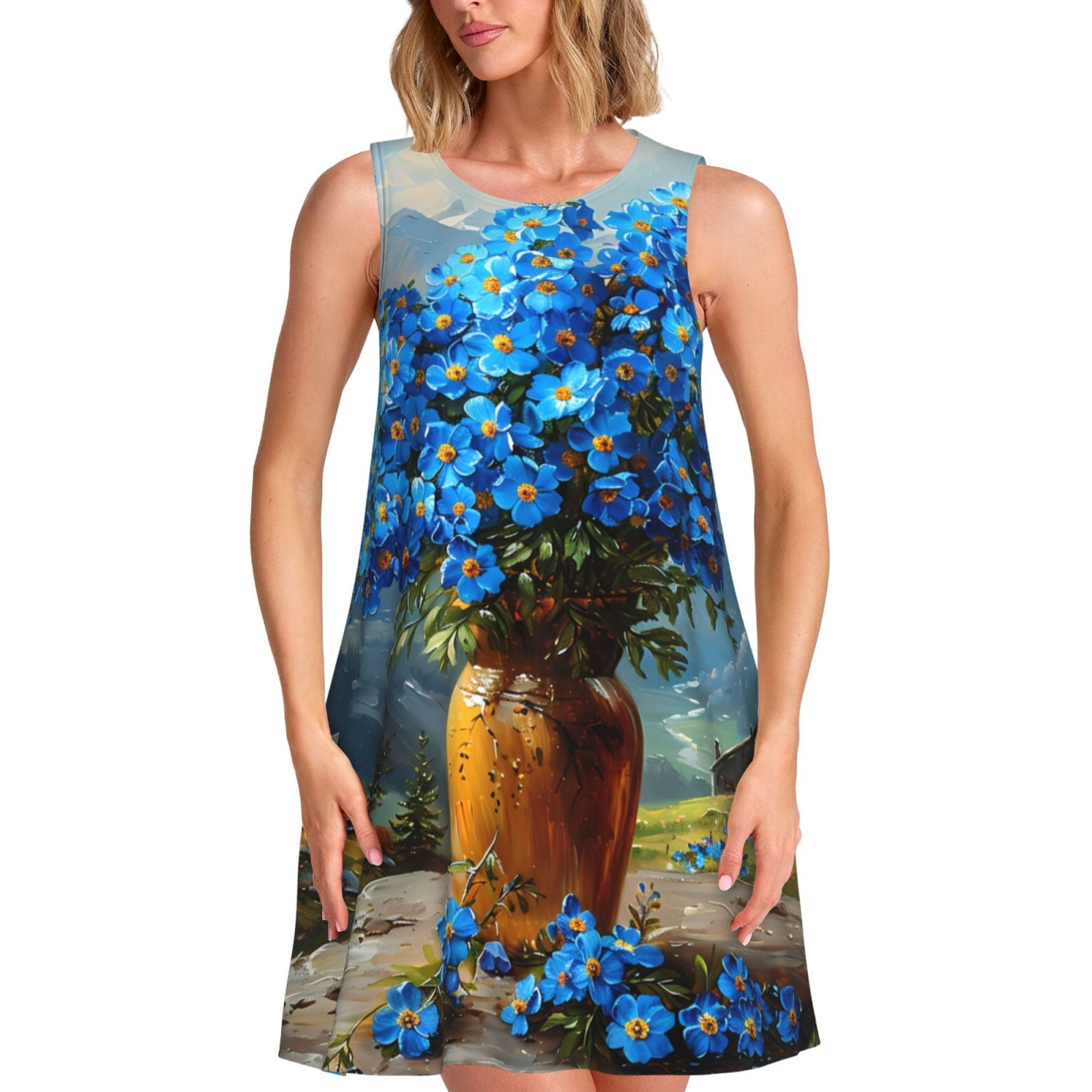 Fotbe Mountain Blue Flowers Vase Pattern Women’s Summer Tank Midi Dress ...
