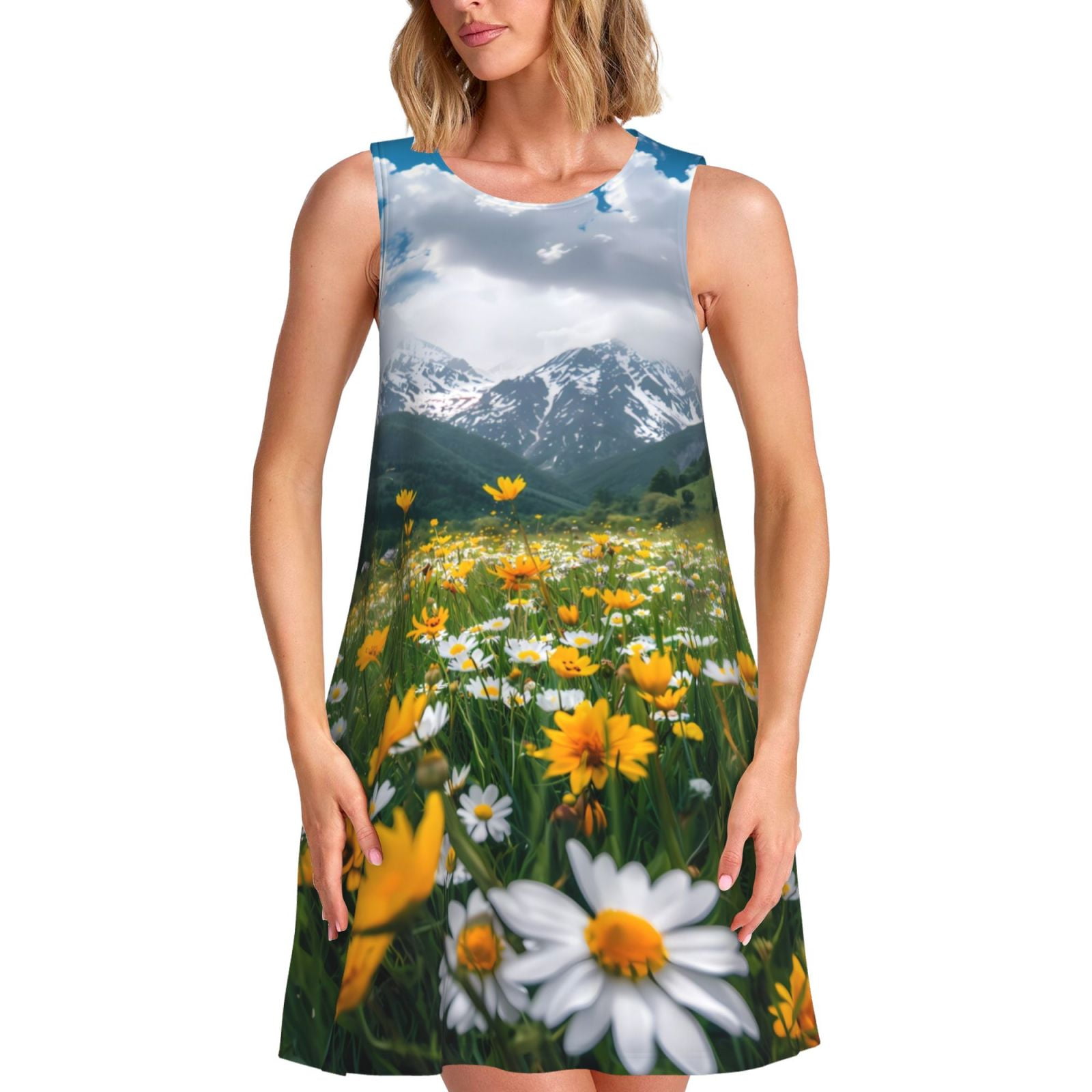 Fotbe Mountain Daisy Meadow Pattern Women’s Summer Tank Midi Dress ...