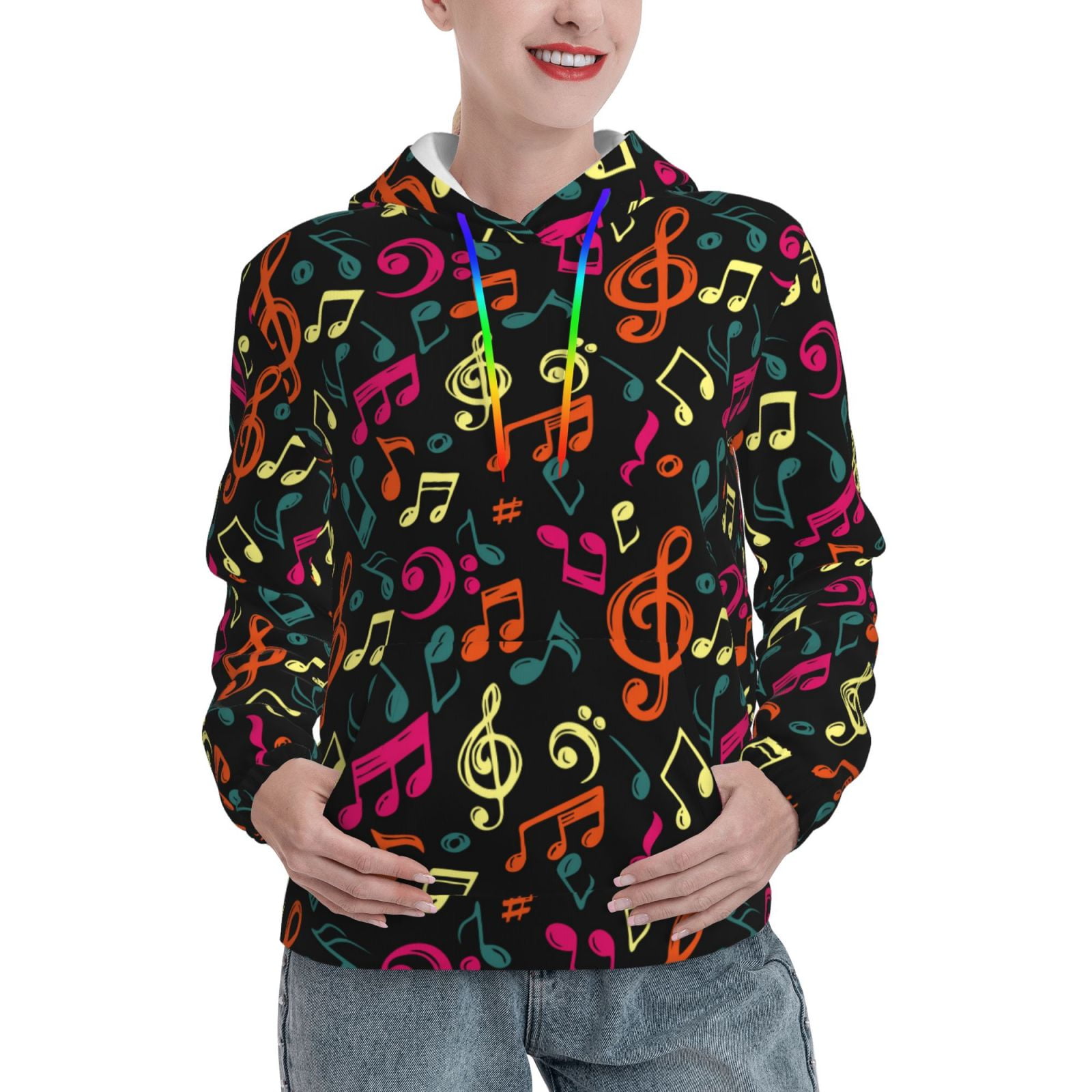 Fotbe Music Notes Pattern Womens Long Sleeve Hoodie, Pullover Hooded ...