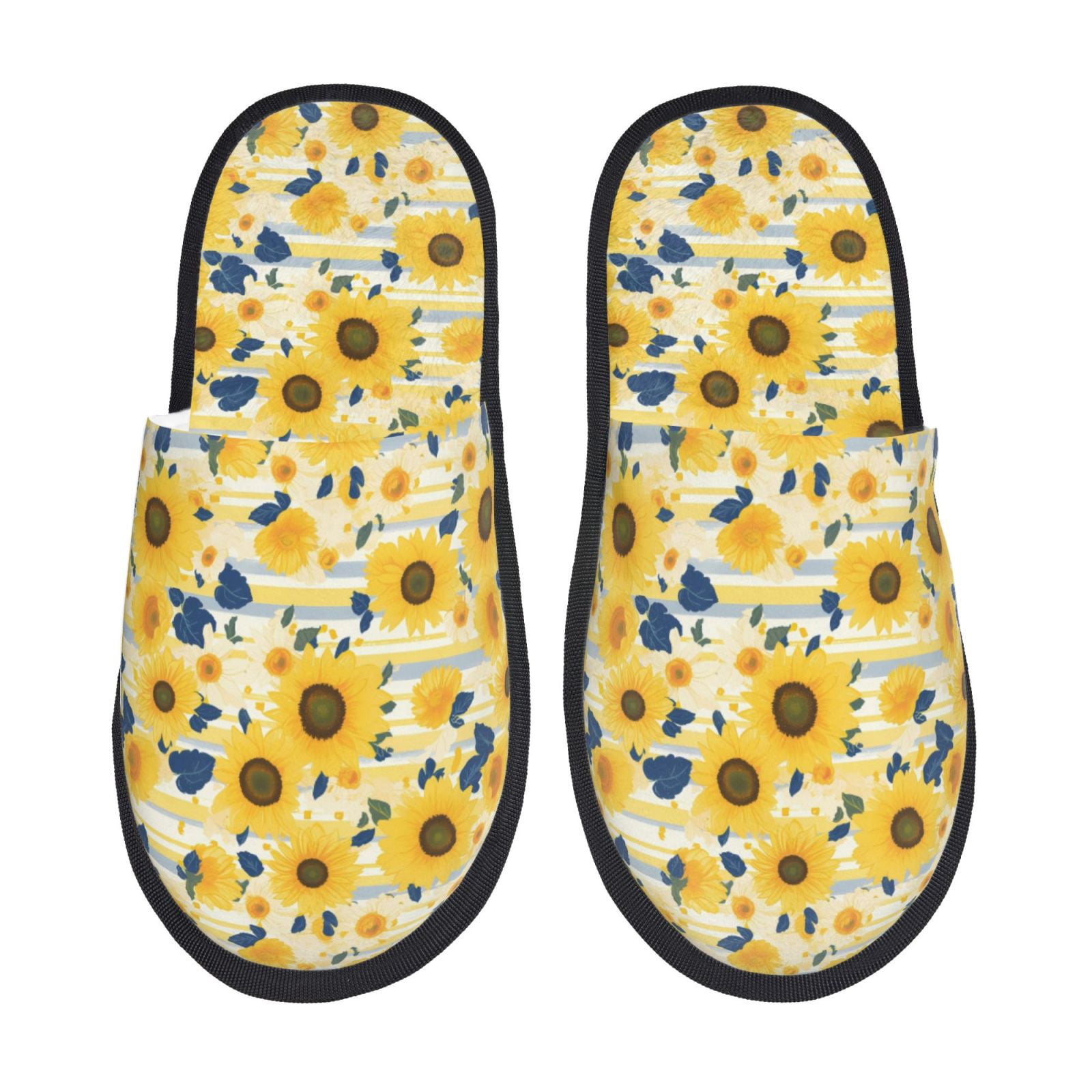 Fotbe Navy Blue Leaf Sunflower Pattern Women's Fuzzy Slippers Plush ...