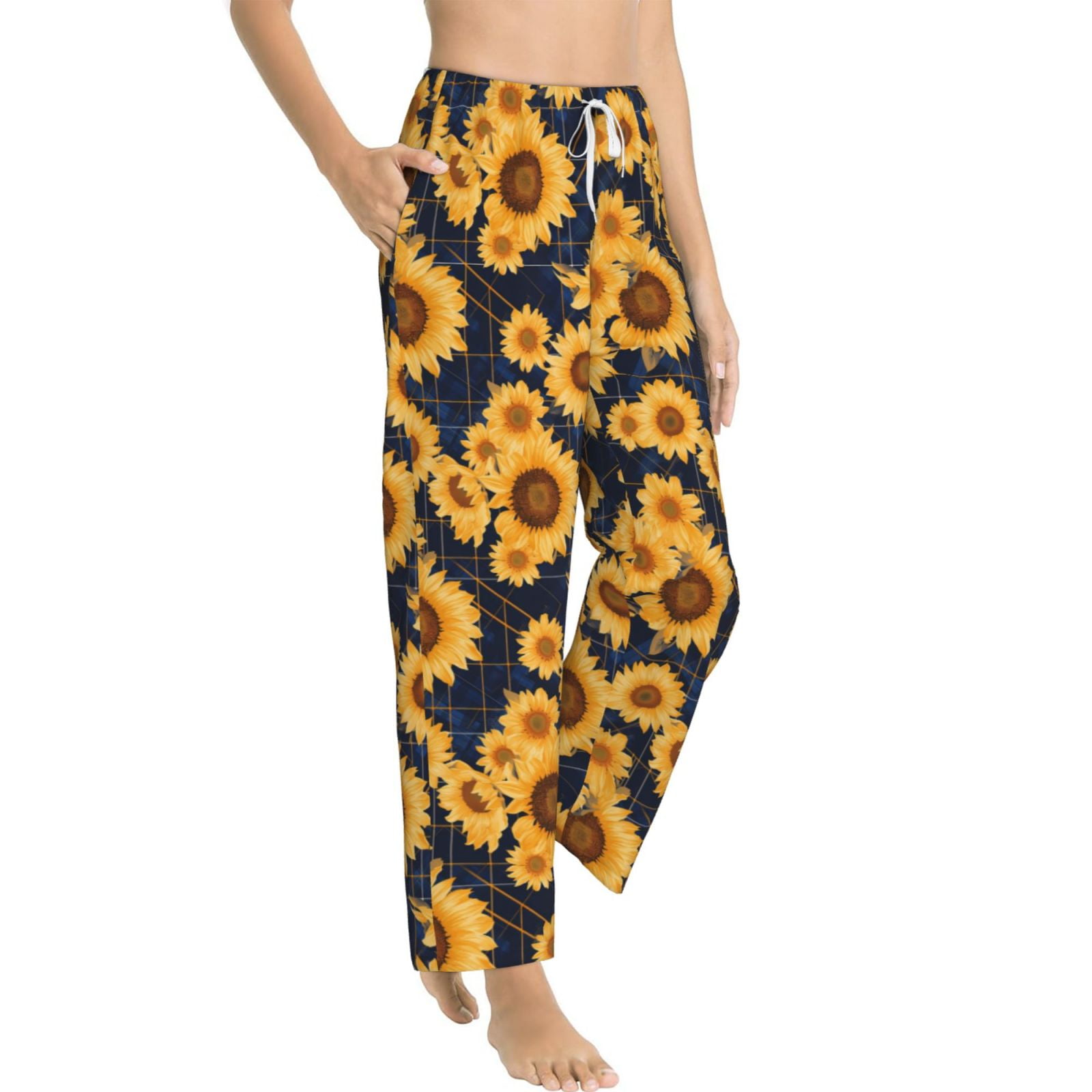 Fotbe Navy Blue Plaid Sunflower Women's Pajama Pants,Sleepwear Pants,Pj ...